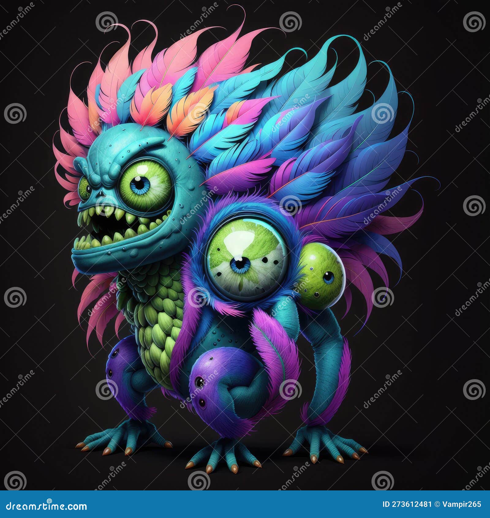 A Cartoon, Multicolored Monster with Teeth, Feathers. on a Solid ...