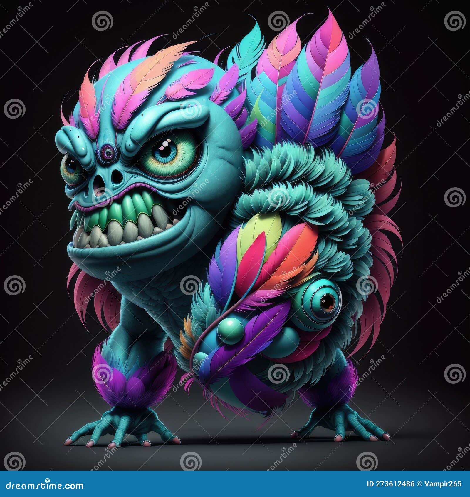 A Cartoon, Multicolored Monster with Teeth, Feathers. on a Solid ...