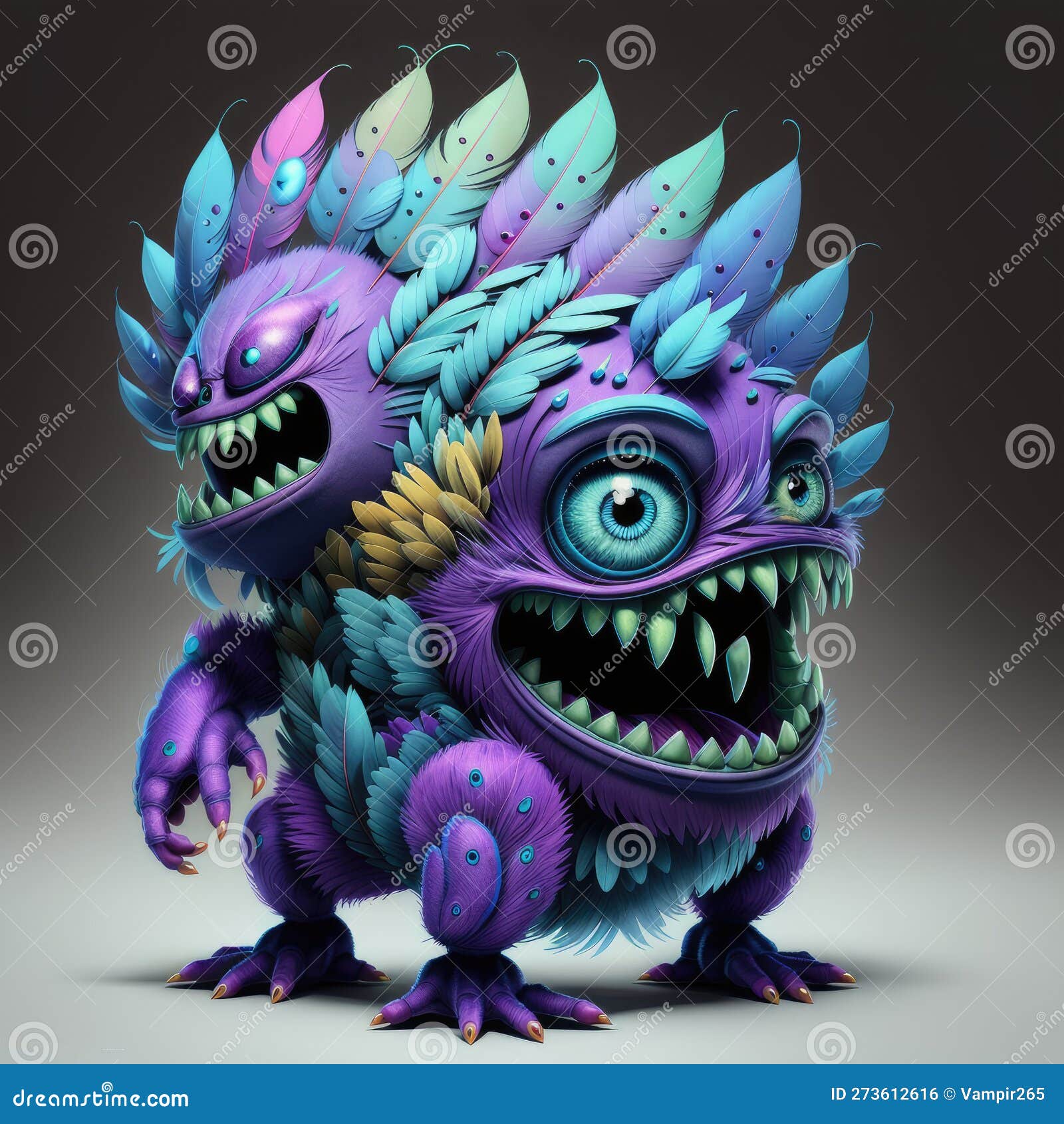 A Cartoon, Multicolored Monster with Teeth, Feathers. on a Solid ...