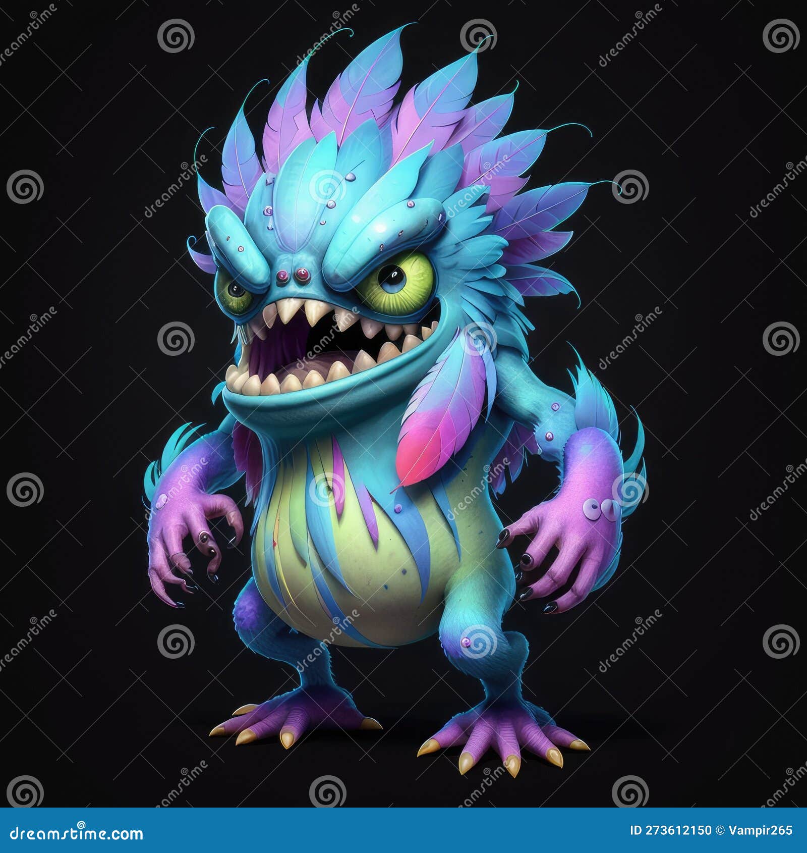 A Cartoon, Multicolored Monster with Teeth, Feathers. on a Solid ...