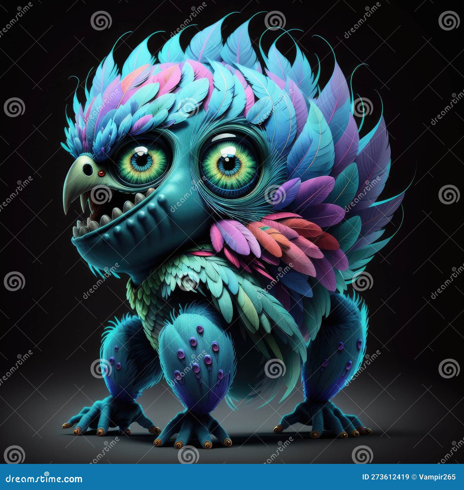 A Cartoon, Multicolored Monster with Teeth, Feathers. on a Solid ...