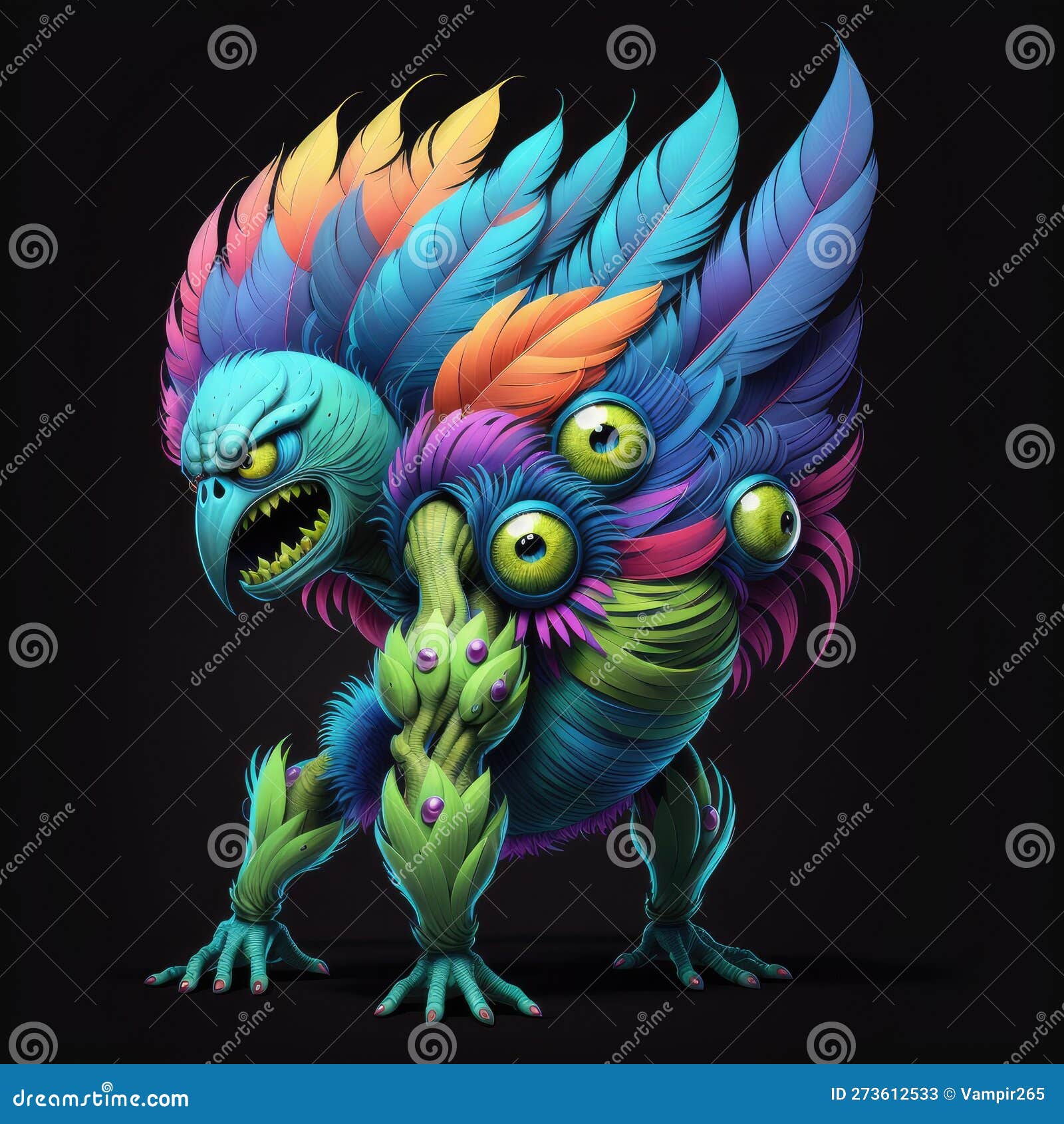 A Cartoon, Multicolored Monster with Teeth, Feathers. on a Solid ...