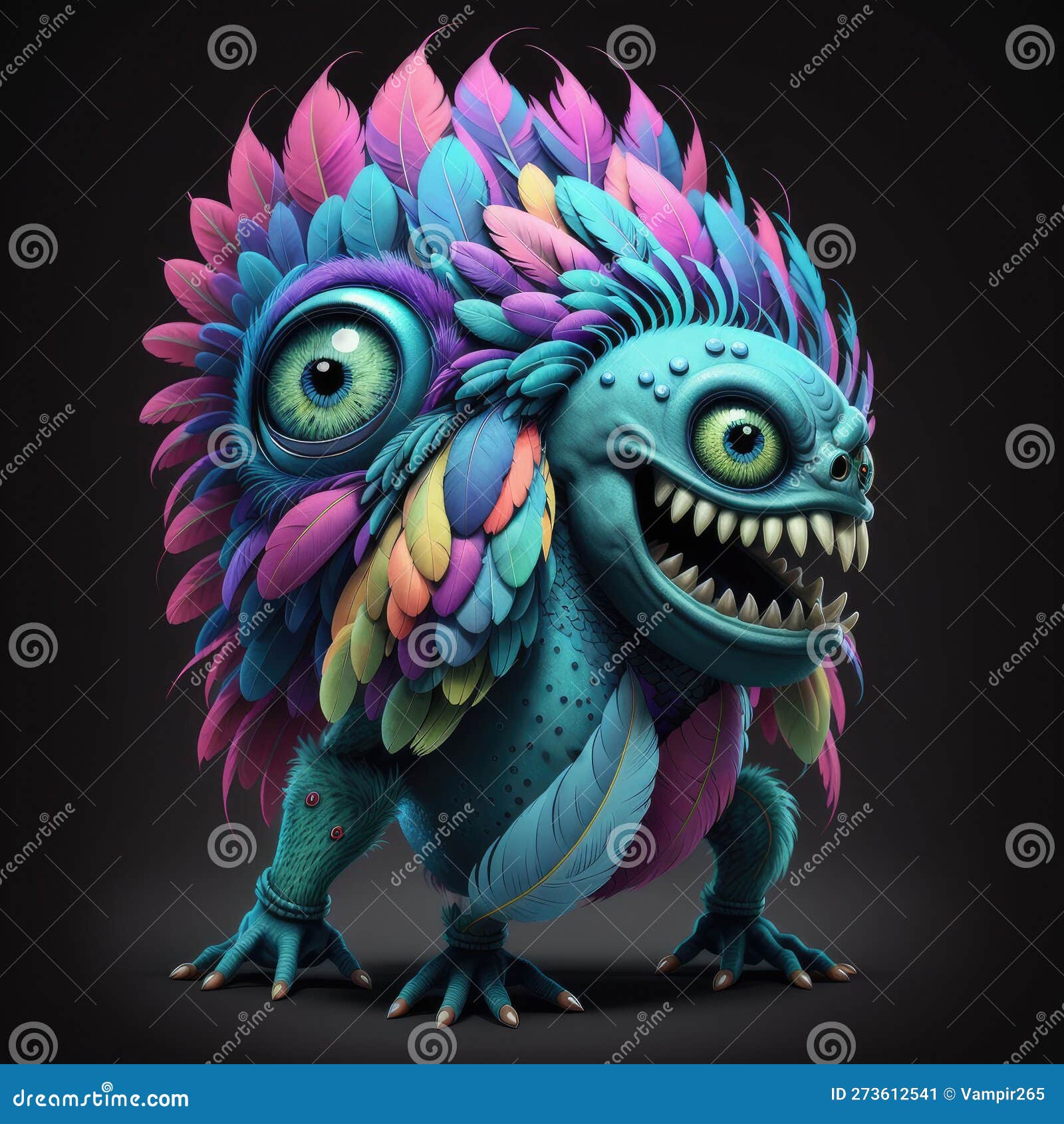 A Cartoon, Multicolored Monster with Teeth, Feathers. on a Solid ...