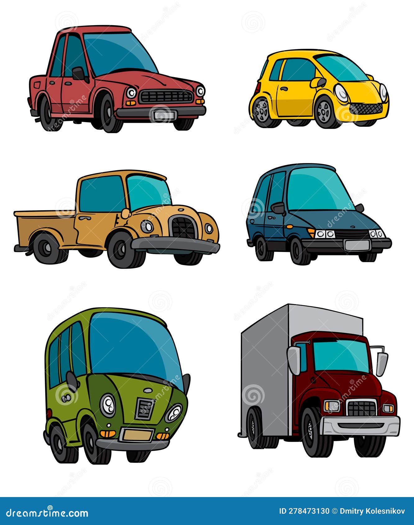 Cartoon Various Six Different Variant of Colorful Cars Sedan Truck Bus ...