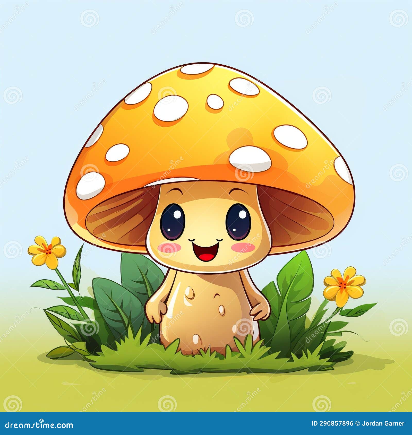 A Cartoon Mushroom Sitting in the Grass with Flowers Stock Illustration ...