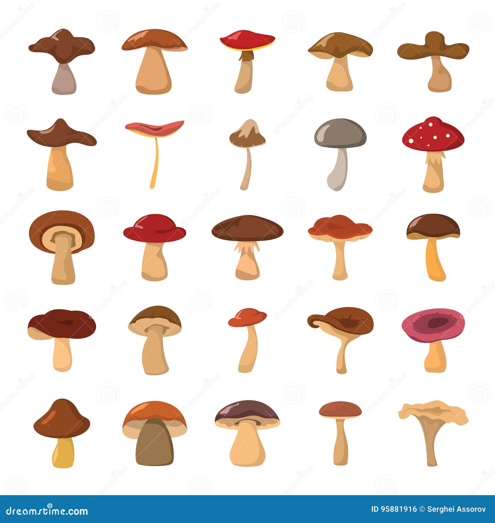 Cartoon Mushrooms Vector Illustration Set. Stock Vector - Illustration ...