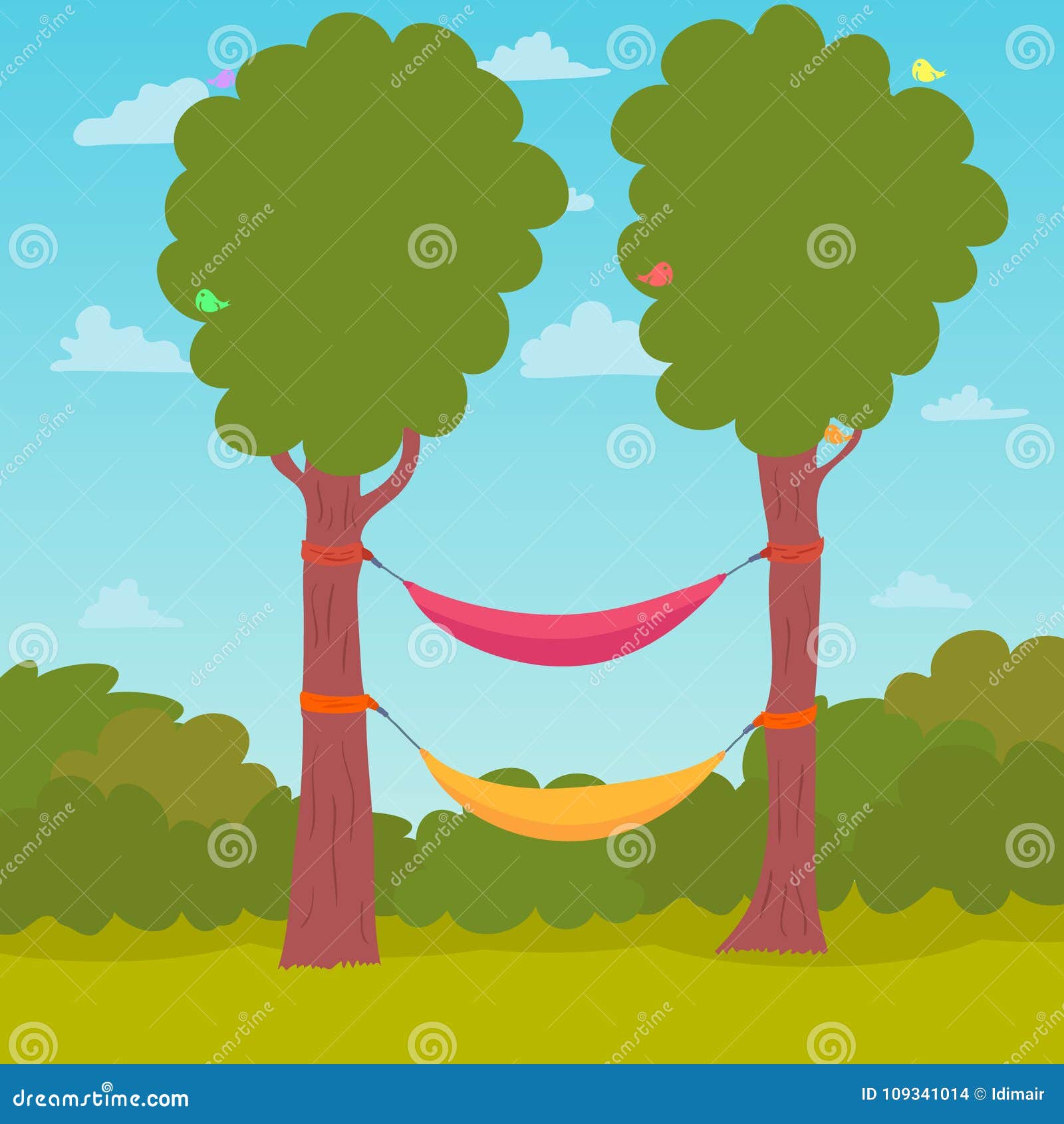 Cartoon Nature Background. Hammocks on a Tree Stock Illustration ...