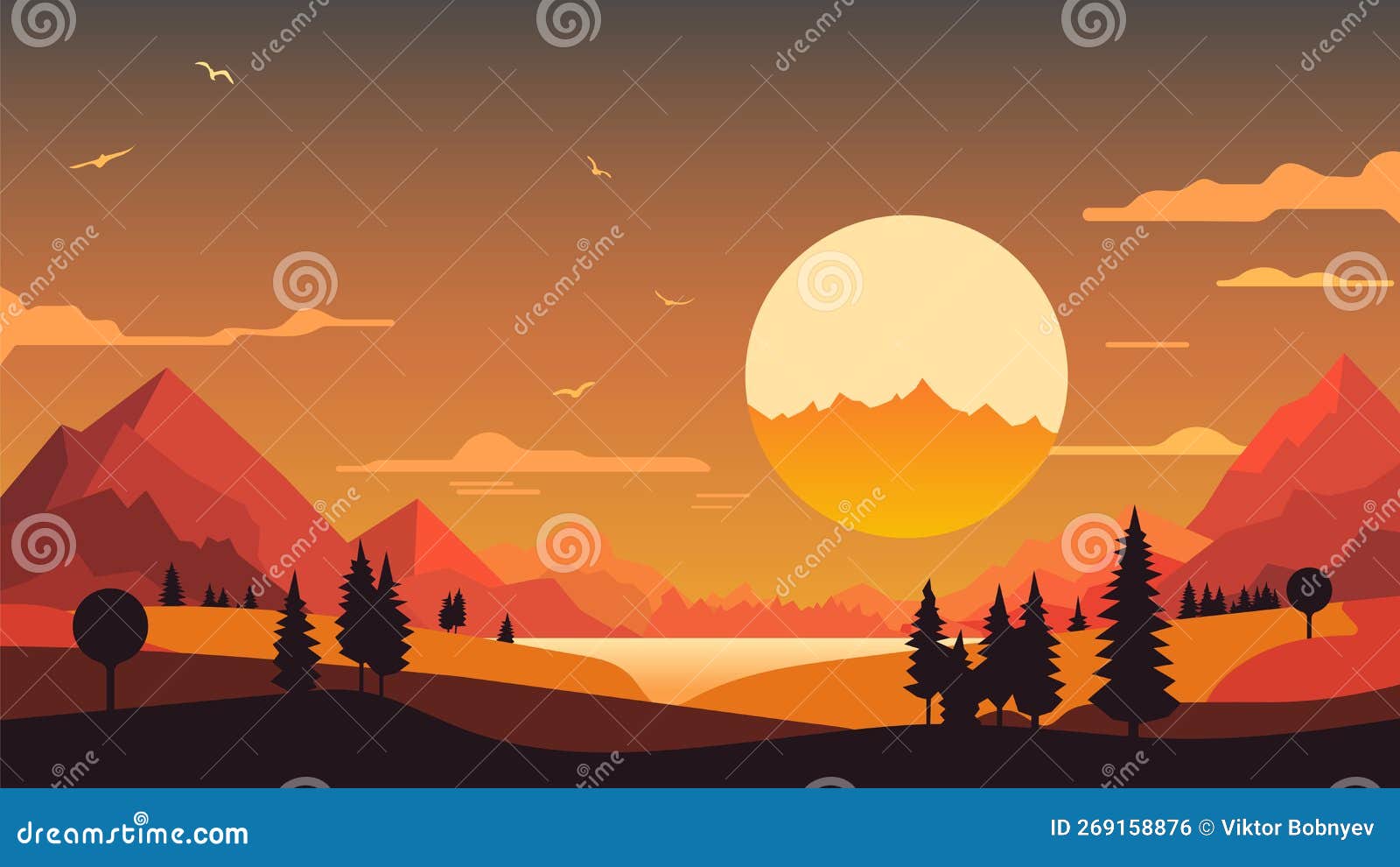 Cartoon Nature Landscape with Sun and Mountains. Vector Illustration ...