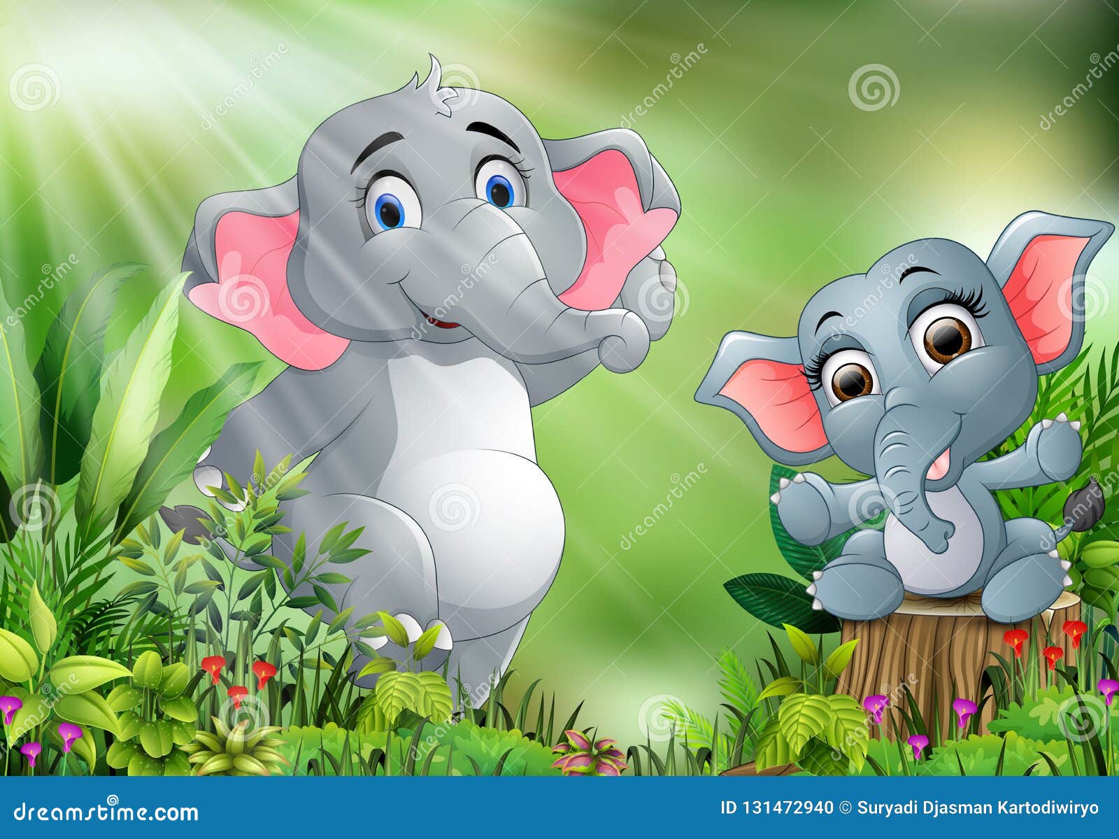 Cartoon of the Nature Scene with Elephant Playing Together Stock Vector ...