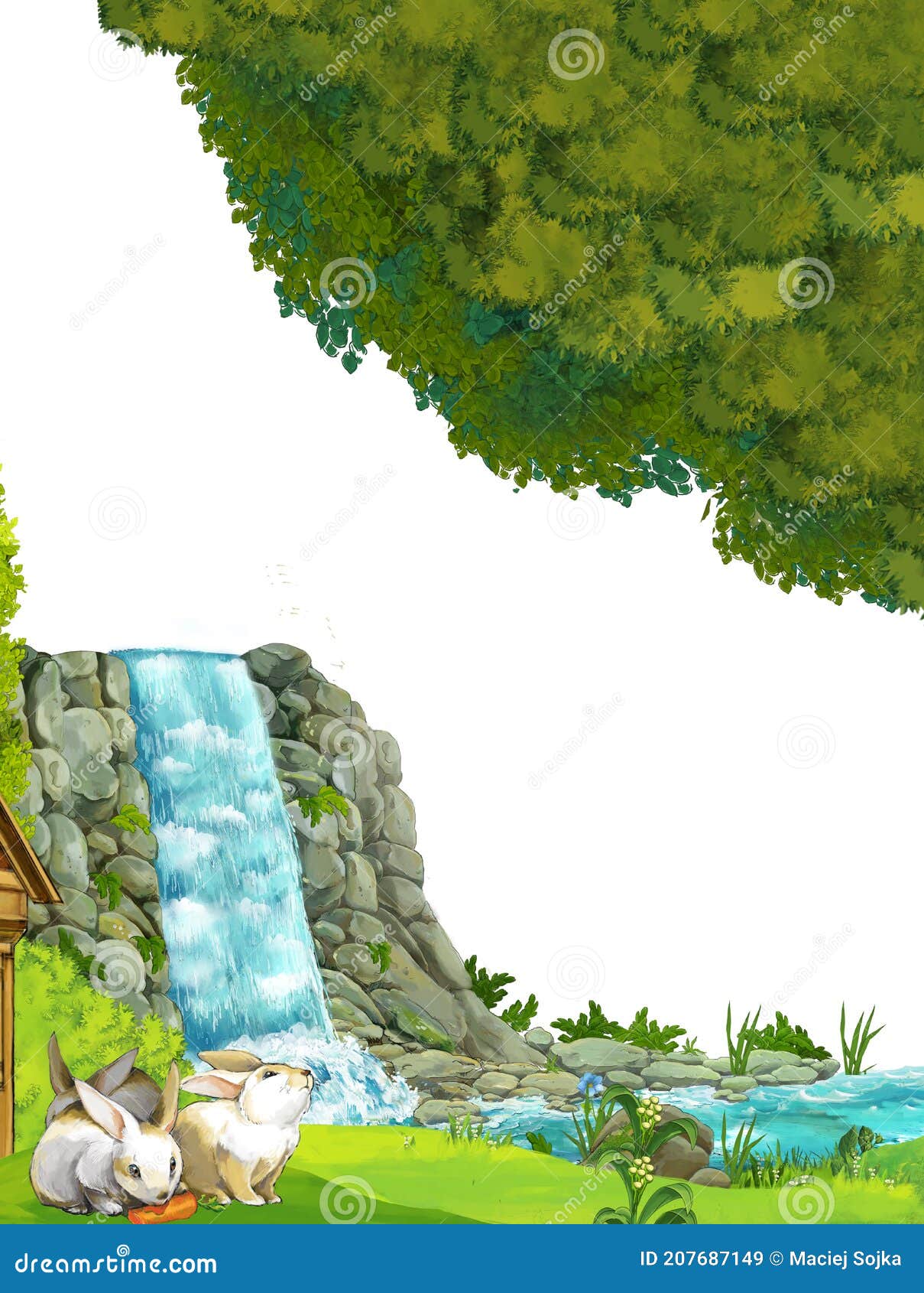 Cartoon Nature Scene with Waterfall Rabbit in Background Stock ...