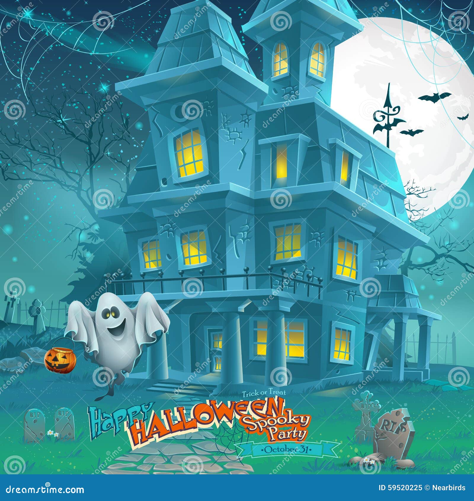 Cartoon Night a Mysterious Haunted House in the Moonlight Stock Vector ...