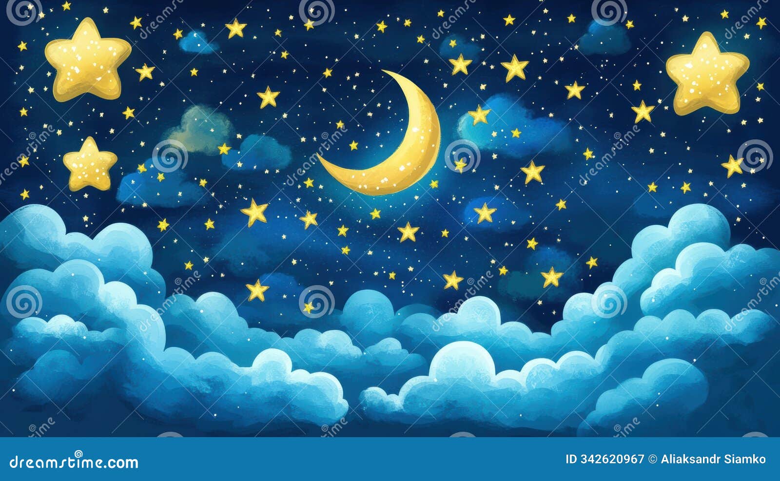 Cartoon Night Sky with Dreamy Stars Stock Illustration - Illustration ...