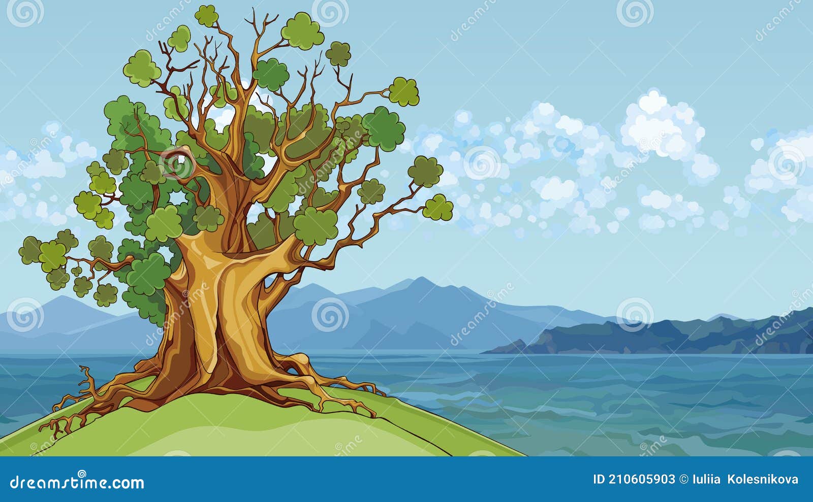 Cartoon Oak Tree Growing on a Hill by the Sea Stock Vector ...