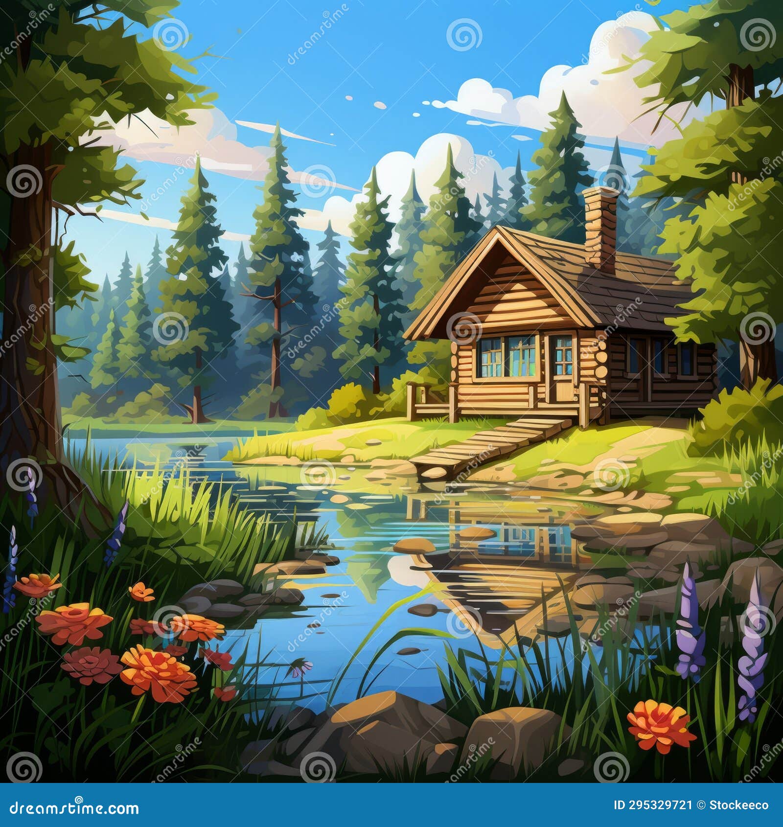 Cartoon Oasis: Detailed Log Cabin In Pine Tree Forest Stock ...