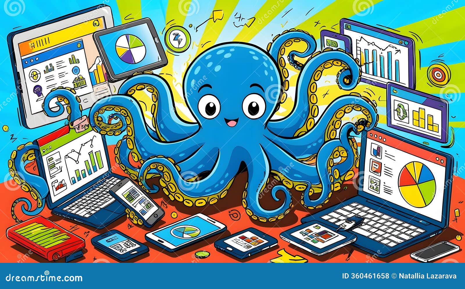 Cartoon Octopus Multitasking with Various Devices and Analytics ...