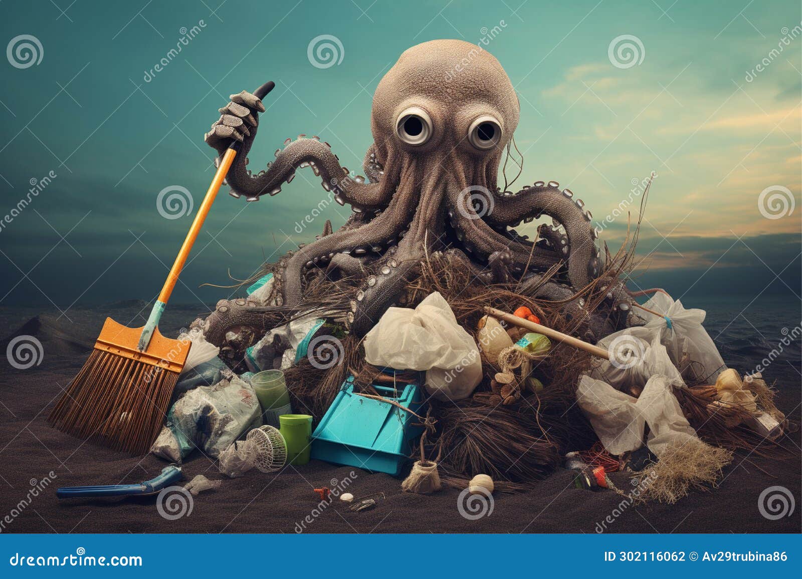 Octopus Plastic Waste Ocean Environment Problem Vector Illustration ...
