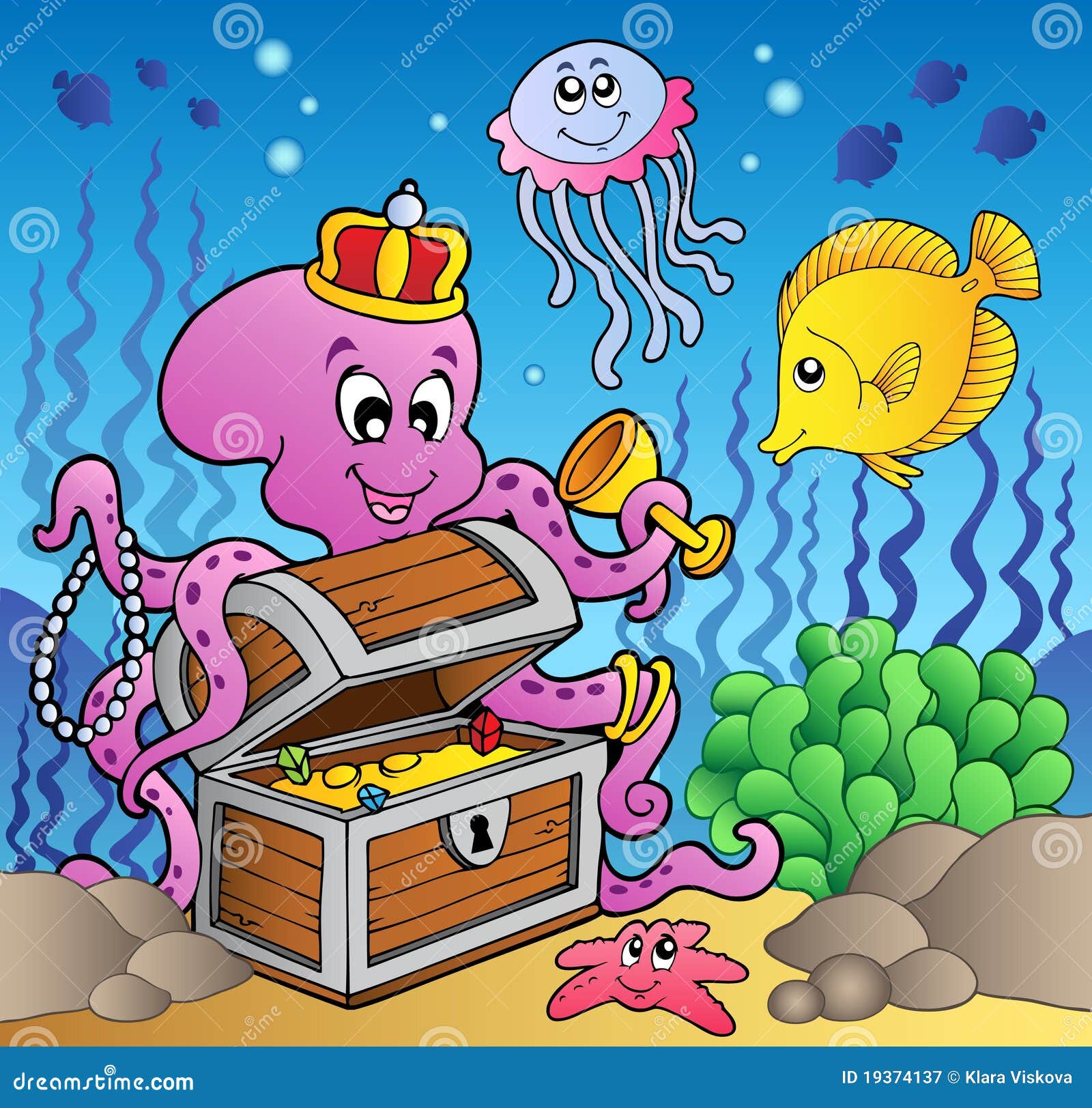 Octopus With Treasure Chest And Gold Coins Rests On Ocean Floor ...