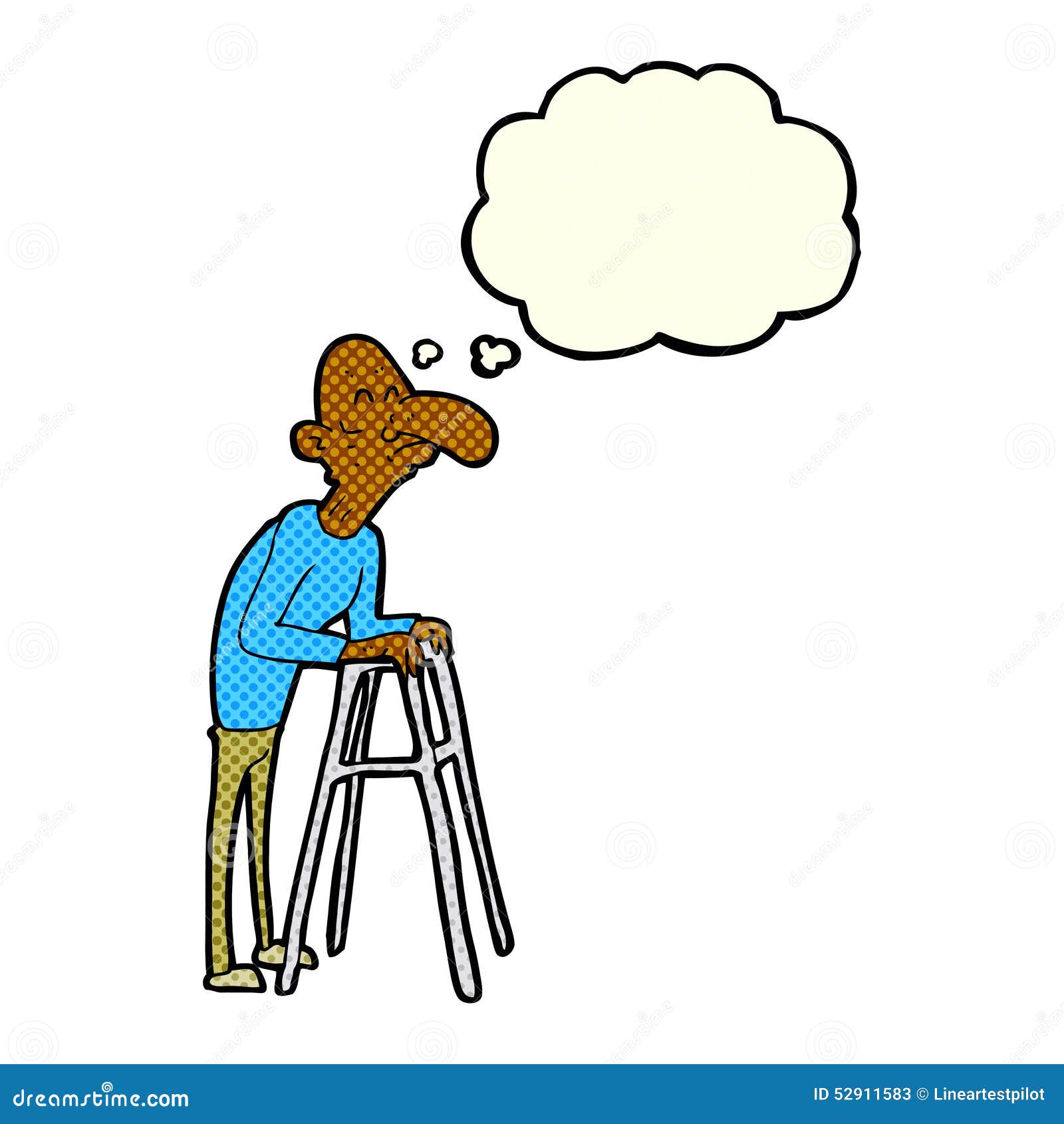 Cartoon Old Man With Walking Frame With Thought Bubble Stock
