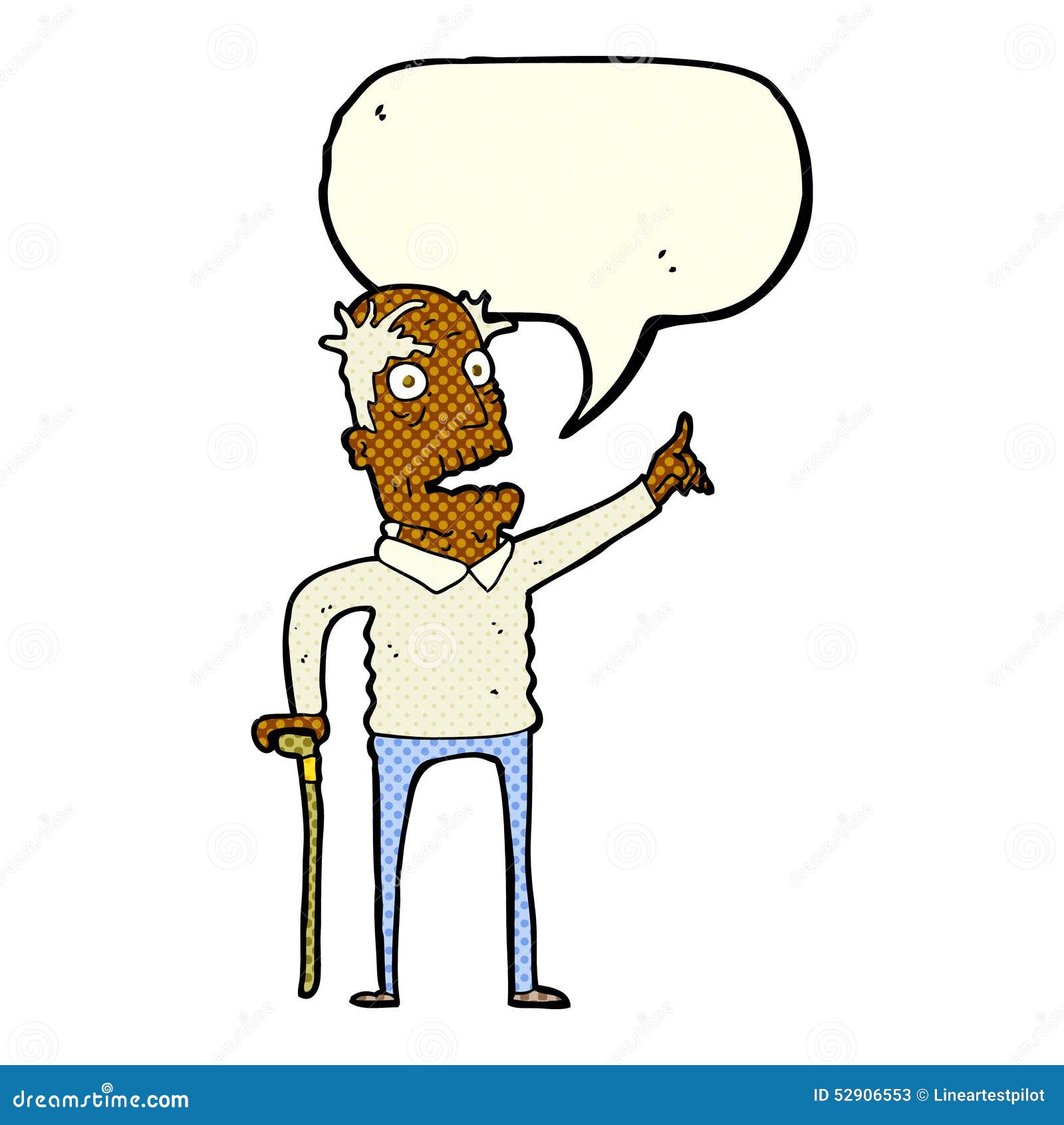 Cartoon Old Man With Walking Stick With Speech Bubble Stock