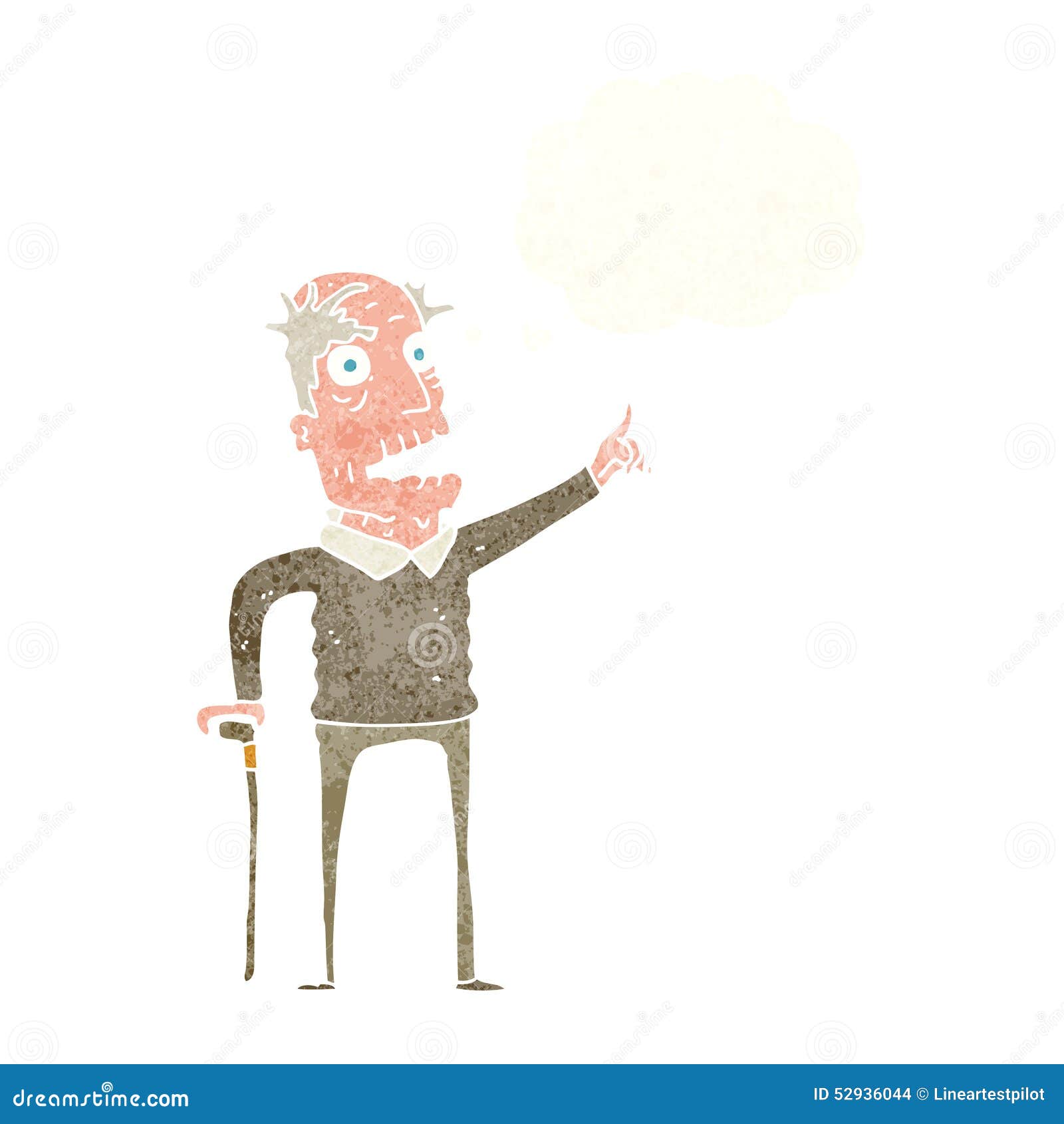 Cartoon Old Man With Walking Stick With Thought Bubble Stock