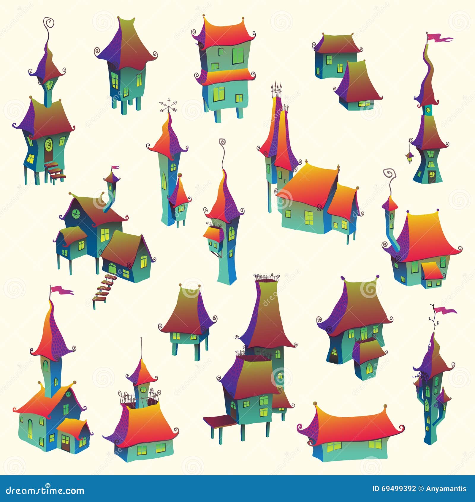 Cartoon old town set stock vector. Illustration of frame - 69499392