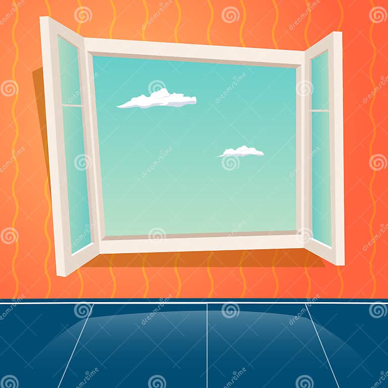 Cartoon Open Window Design Template Retro Background Vector ...