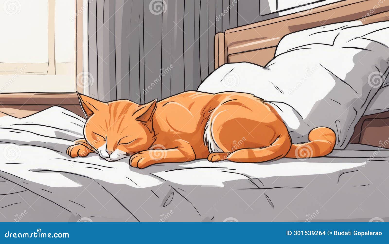 A Cartoon Orange Cat Sleeping on a Bed Stock Illustration ...