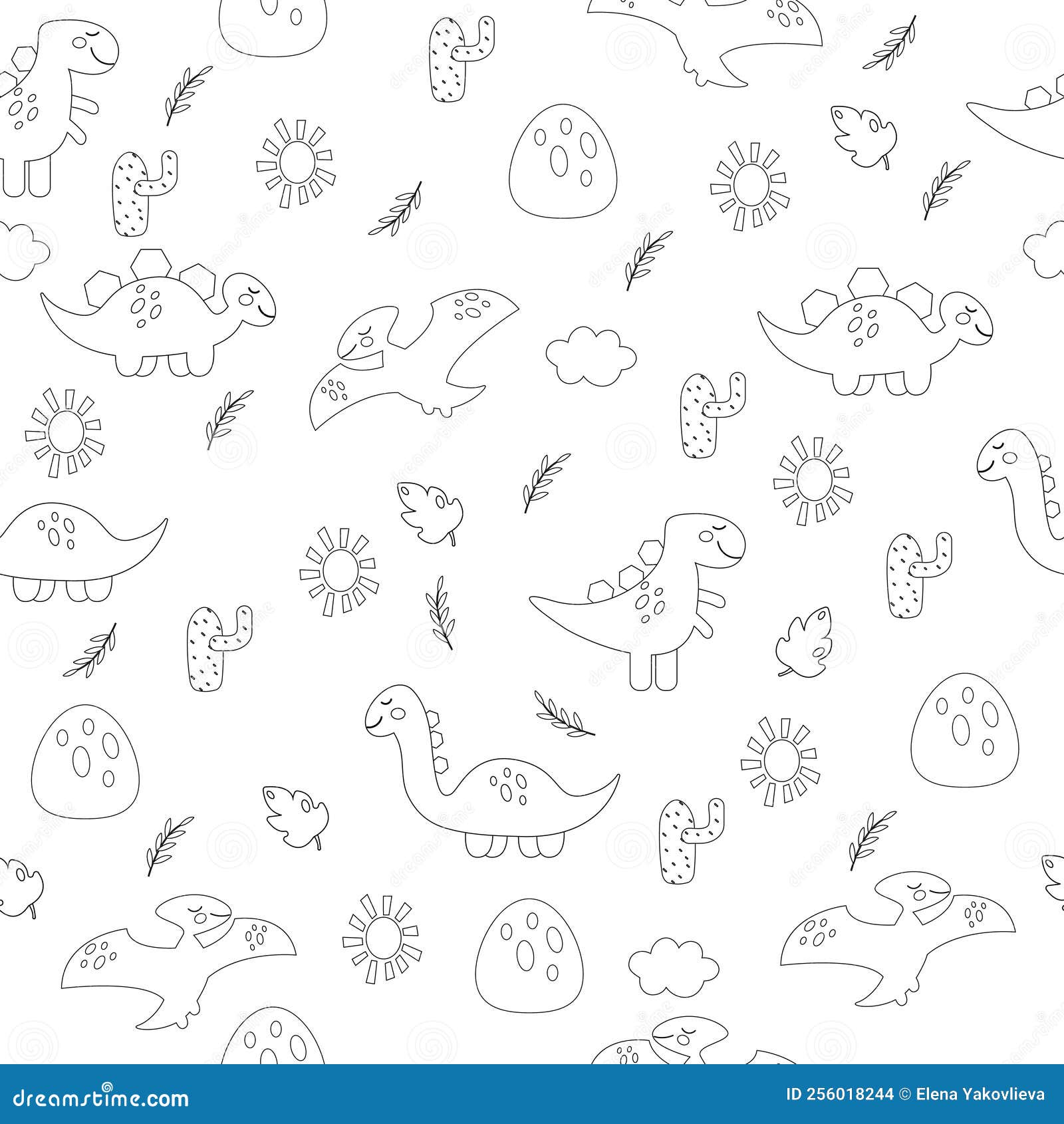 Cartoon Outline Seamless Dinosaur Pattern. Vector Illustration Stock ...
