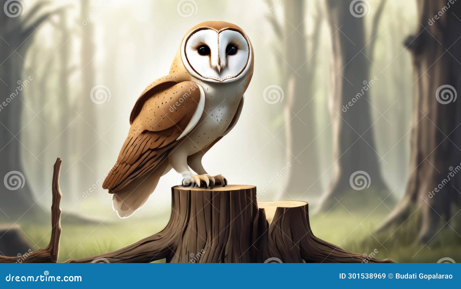 A Cartoon Owl Perched on a Tree Stump Stock Illustration - Illustration ...