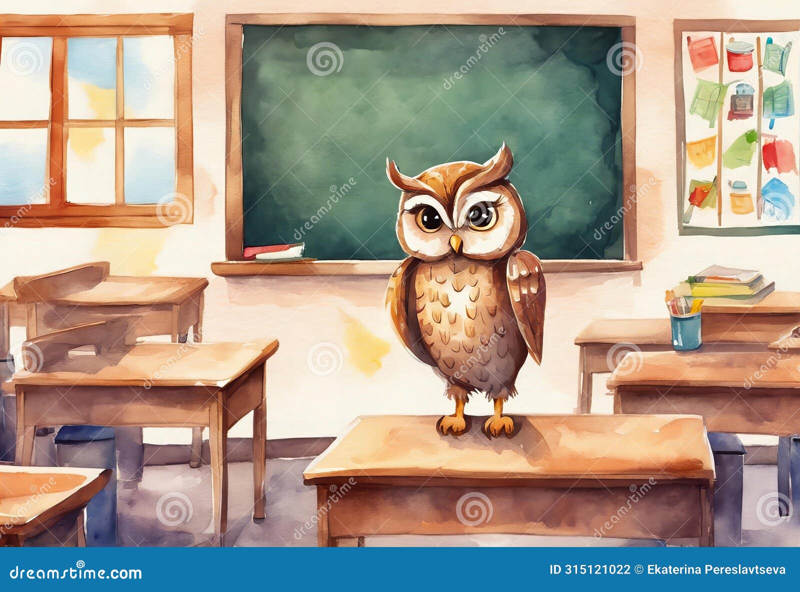 Cartoon Owl is Standing in Front of a Green Chalkboard in a Classroom ...