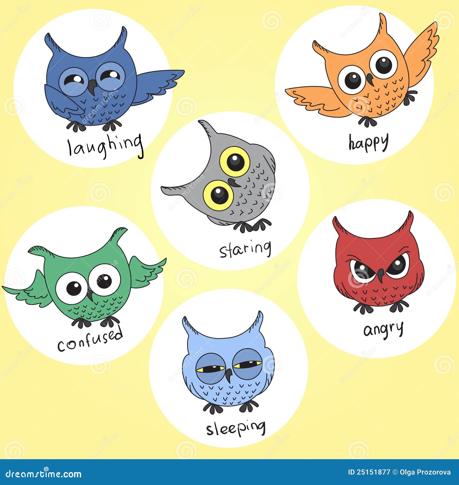 Cartoon Owls in Different Moods Stock Vector - Illustration of colorful ...