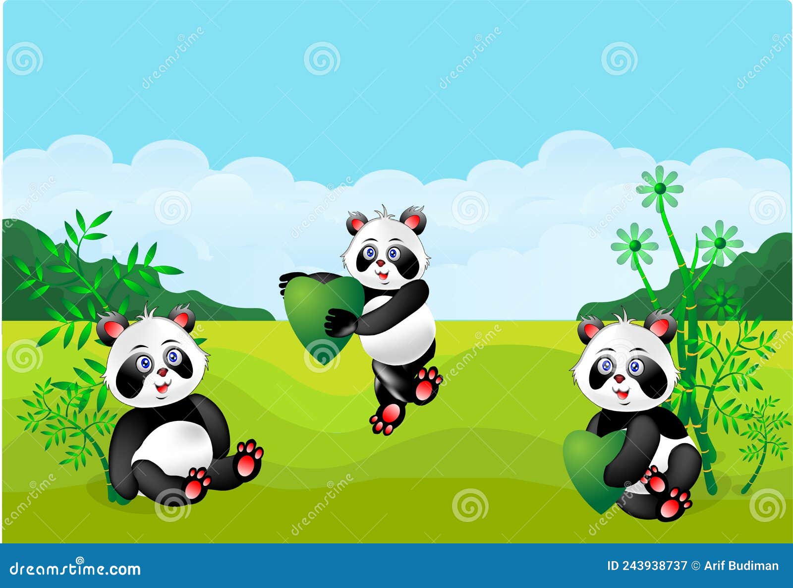 Cartoon Panda Playing on Green Hill Background Stock Vector ...