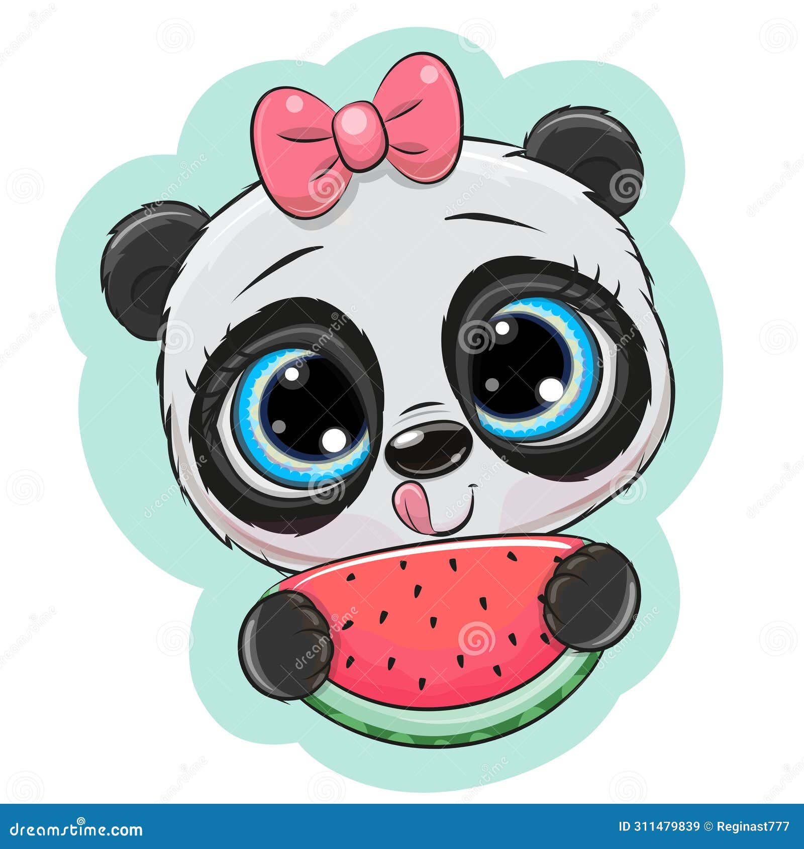Cartoon Panda with Watermelon and Pink Bow Stock Illustration ...