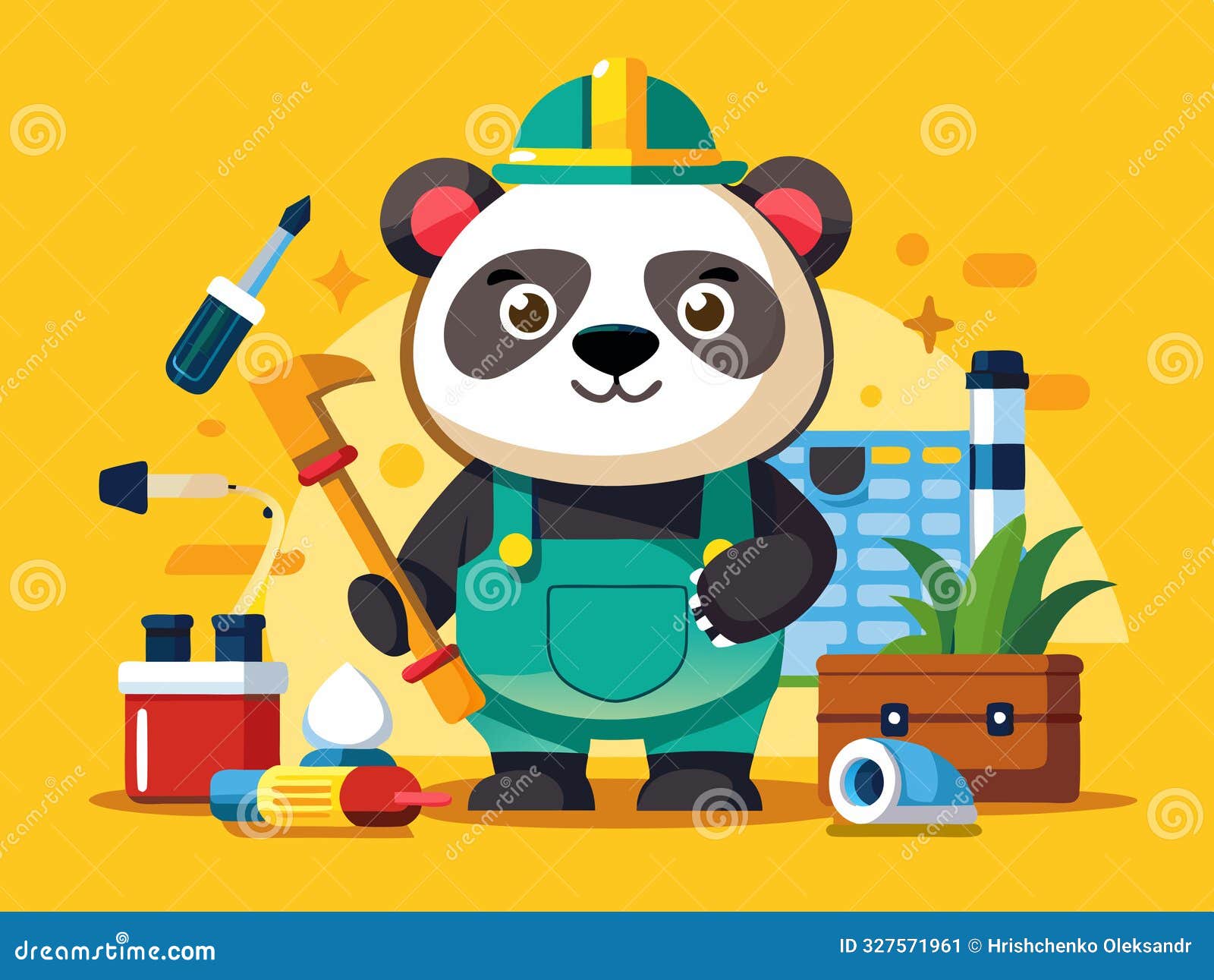 Cartoon Panda in Work Overalls with Repair Tools Stock Illustration ...
