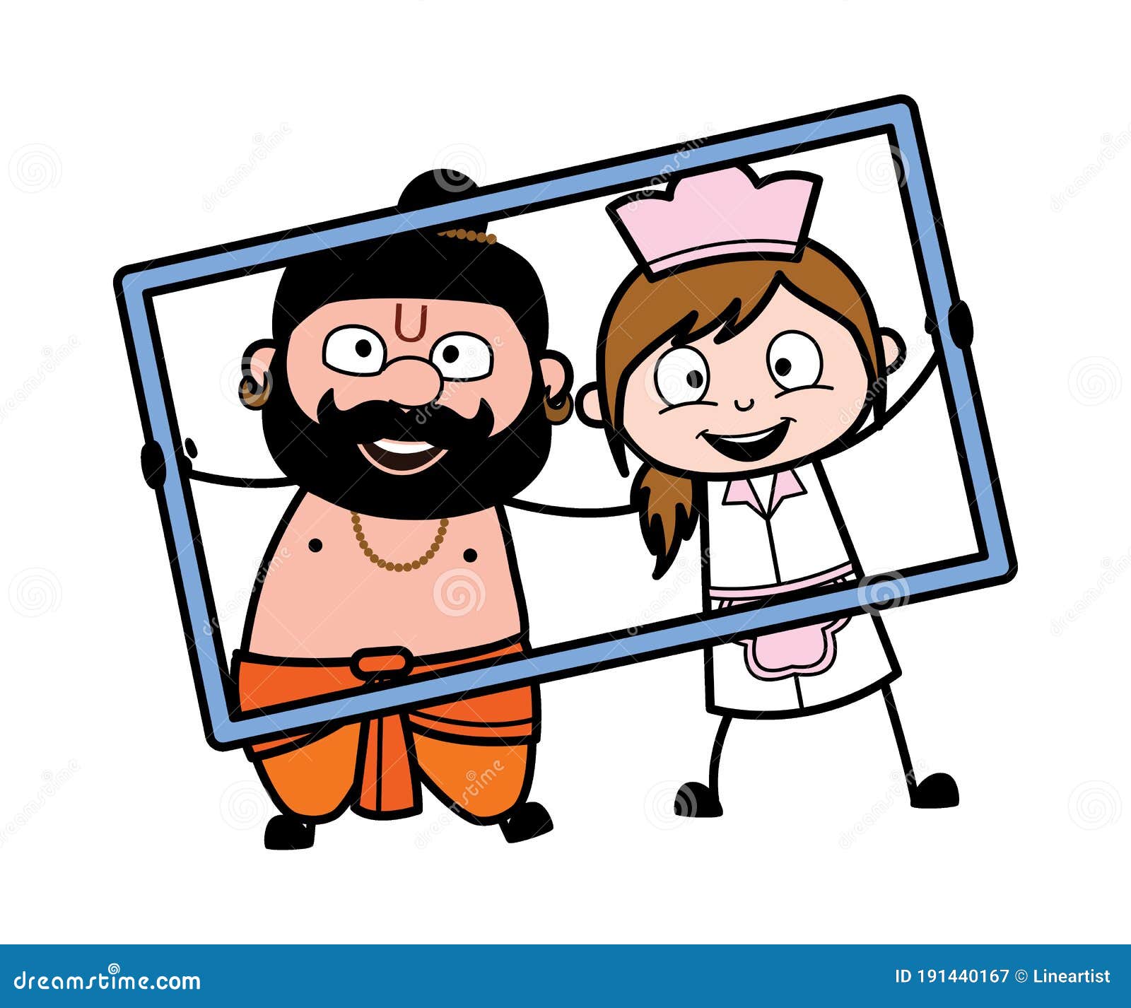 Cartoon Pandit in Frame with Waitress Stock Illustration - Illustration ...