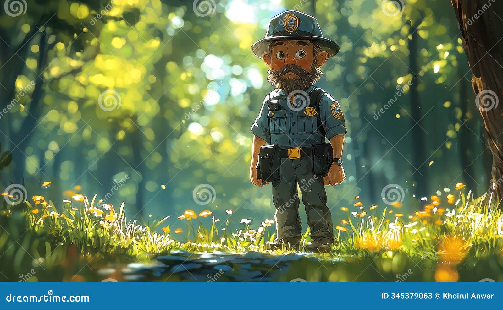 A Cartoon Park Ranger Standing in a Forest Protecting Nature Stock ...
