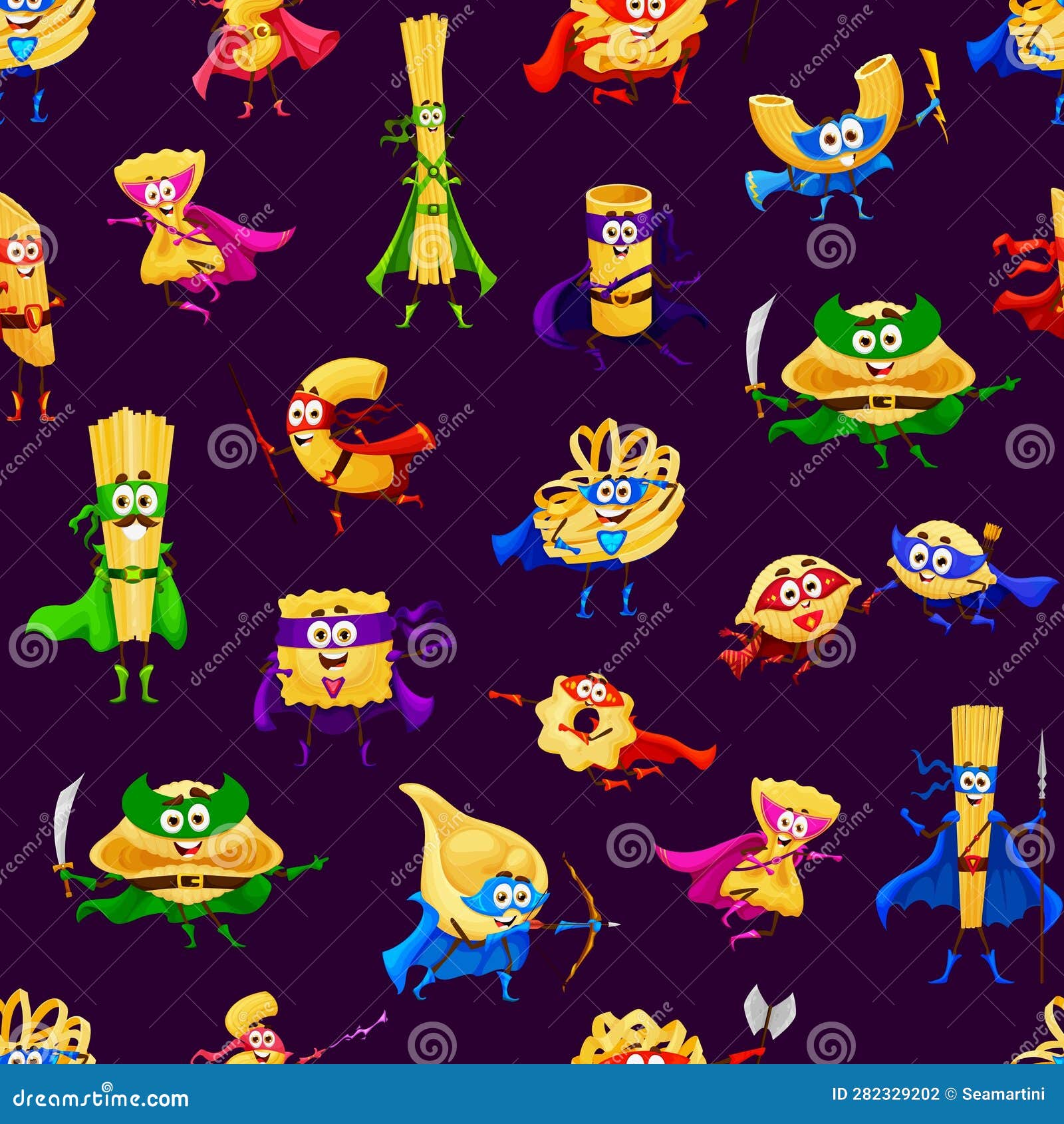 Cartoon Pasta Superhero Character Seamless Pattern Stock Vector ...