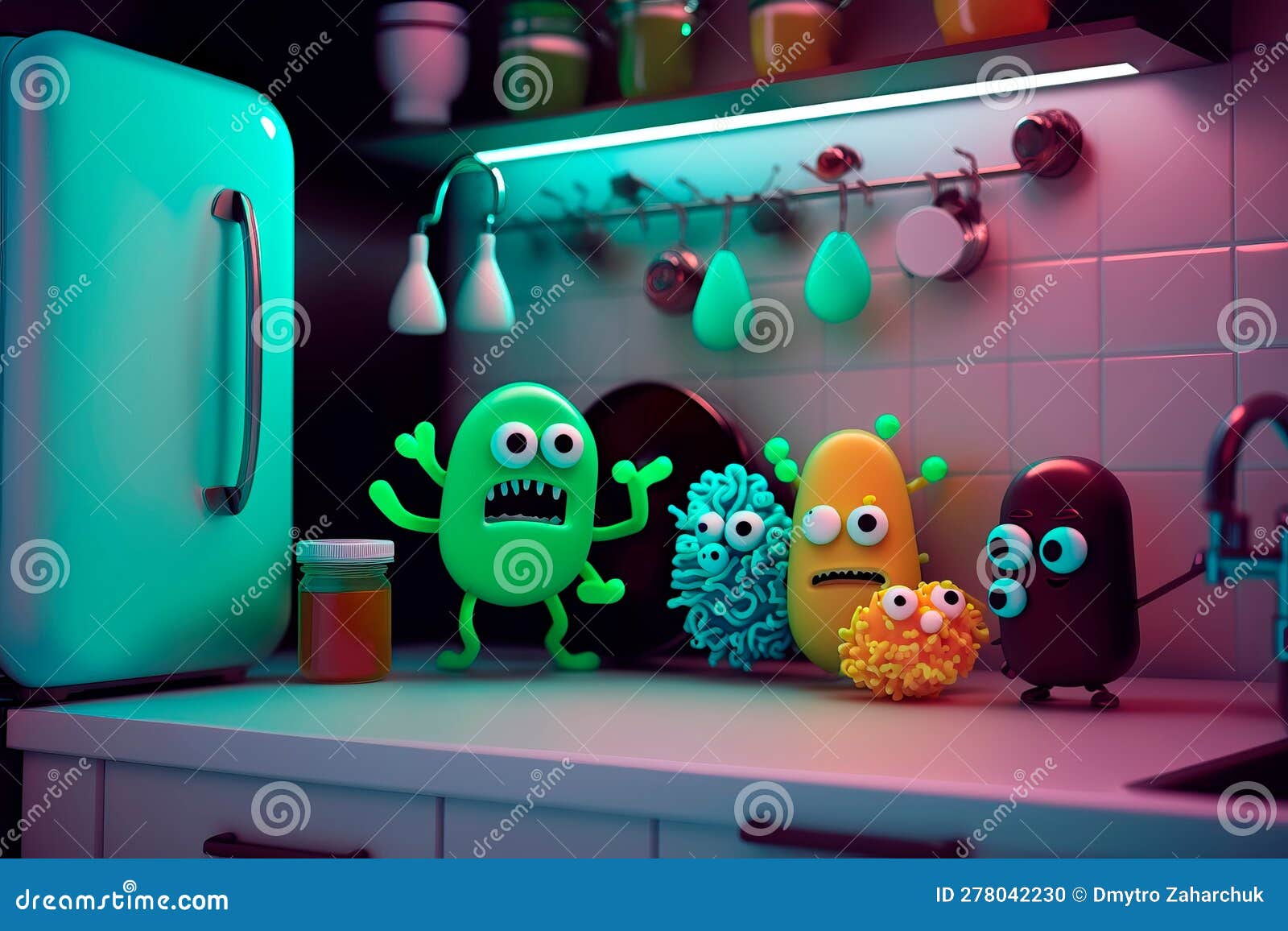 Cartoon Pathogenic Microbes and Bacteria in the Kitchen. Concept of ...