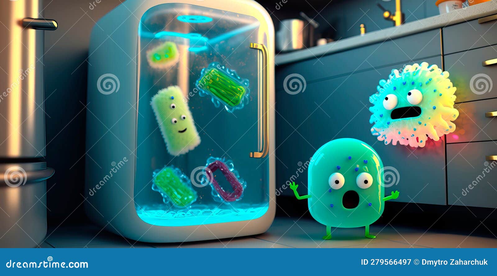 Cartoon Pathogenic Microbes and Bacteria in the Kitchen. Concept of ...