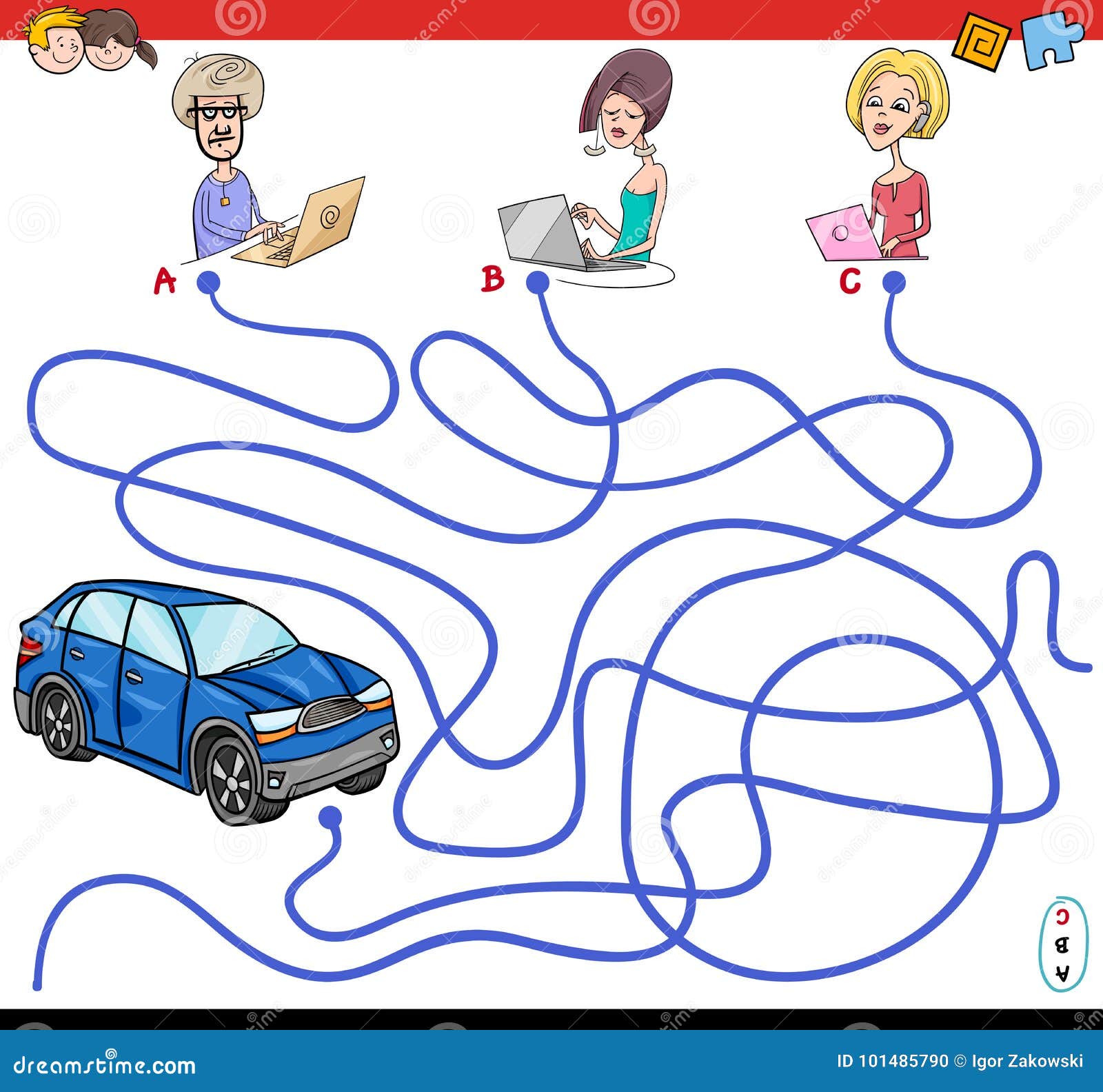 Cartoon Paths Maze Game with People and Car Stock Vector - Illustration ...