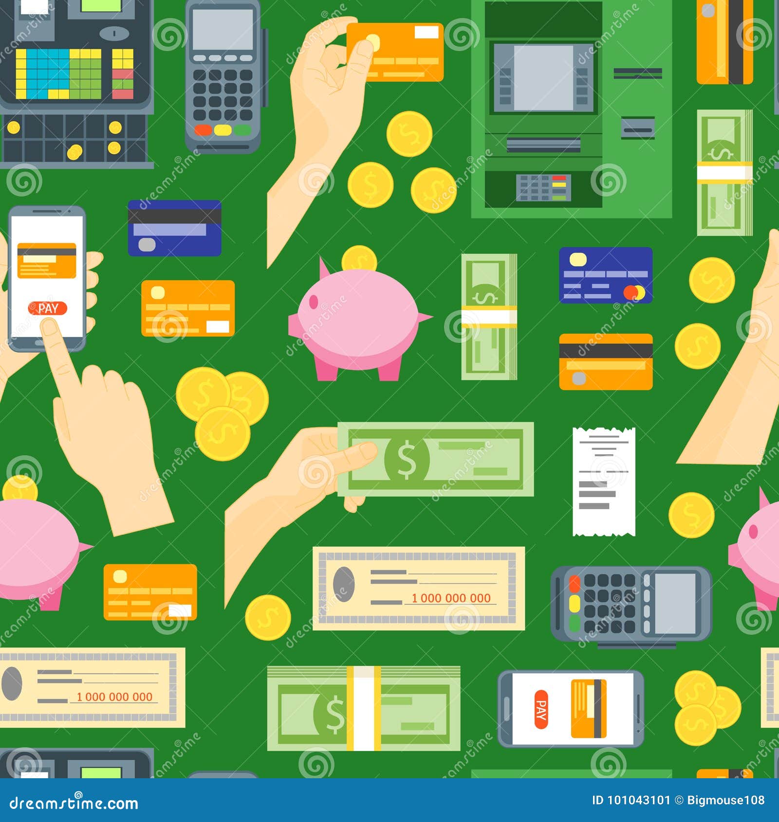 Cartoon Payment Pattern on a Green. Vector Stock Vector - Illustration ...