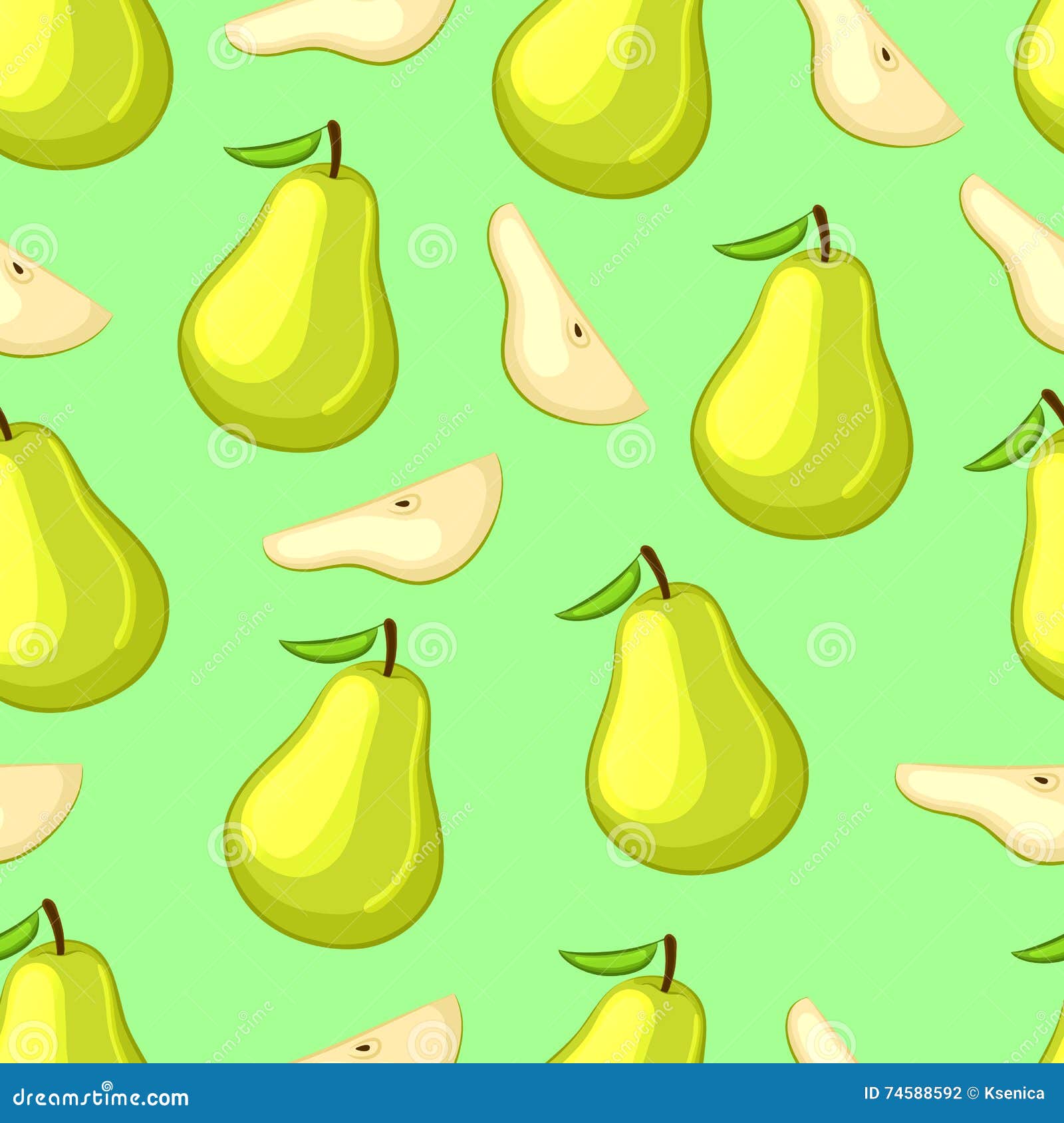Cartoon Pears Whole And Slices On A Green Background. Vector ...
