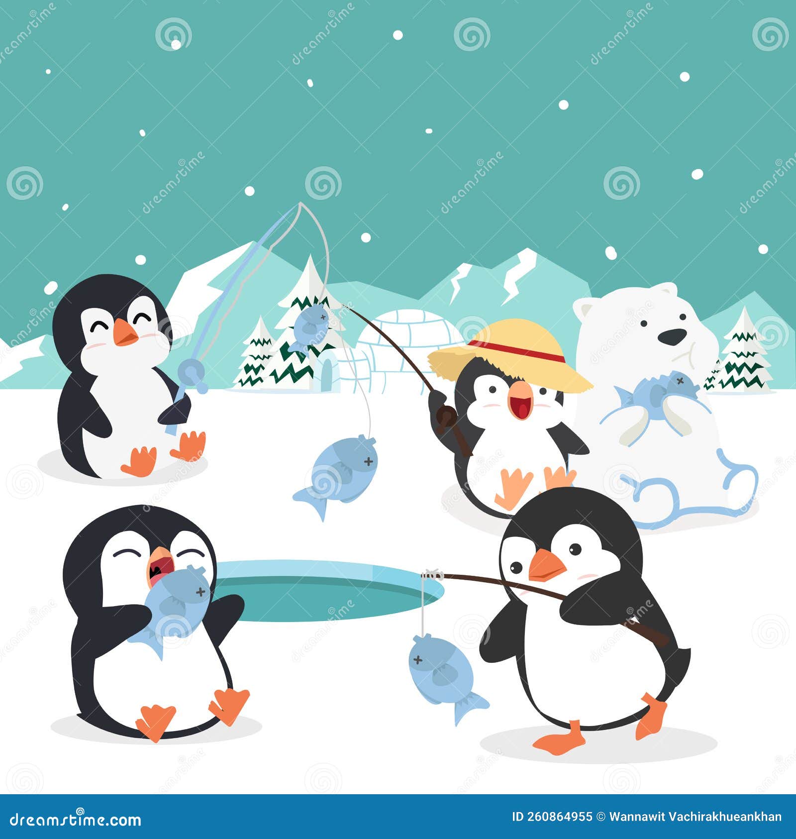 Cartoon Penguin Fisherman Caught Fish Stock Vector - Illustration of ...