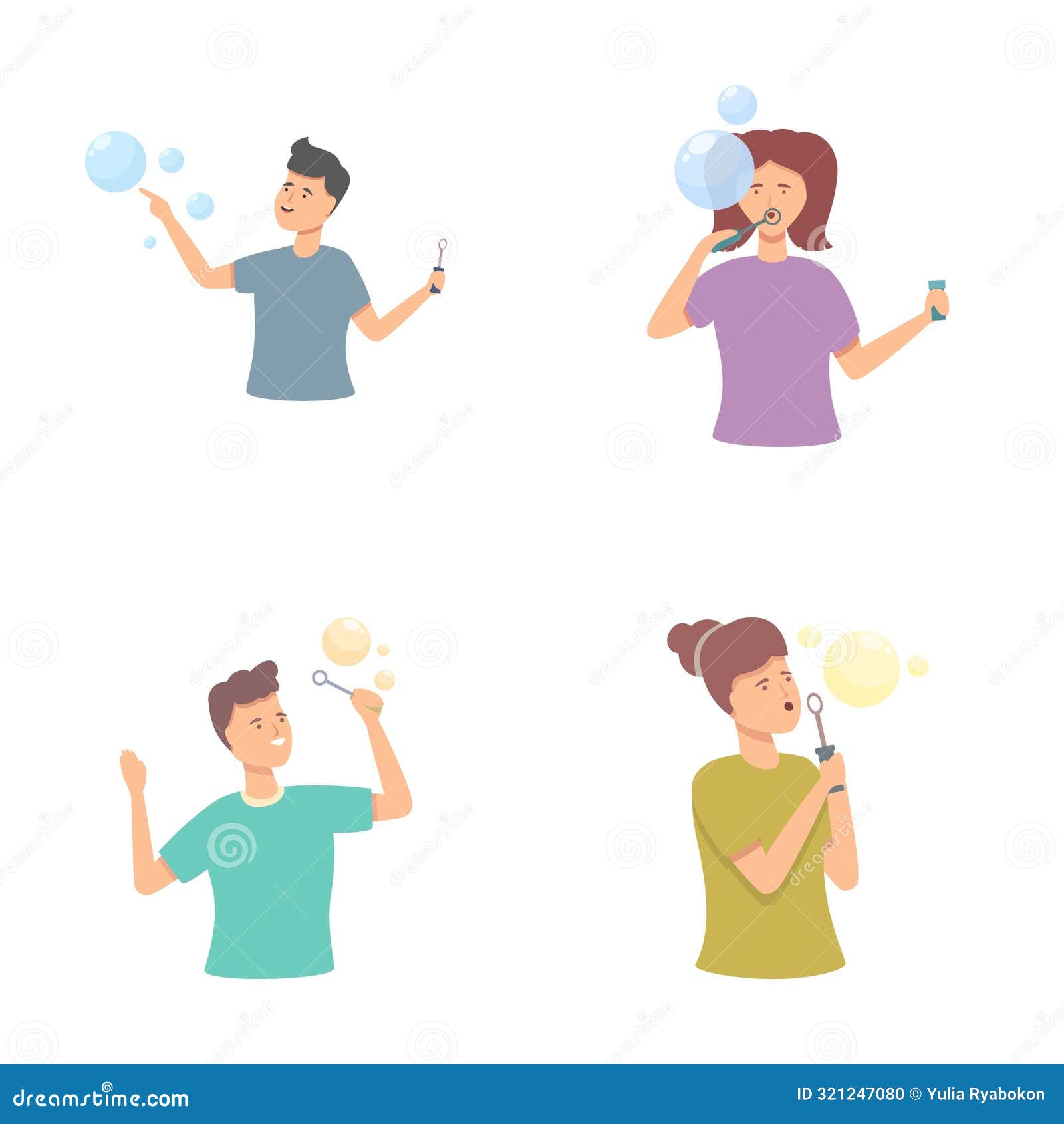 Cartoon People Blowing Bubbles Set Stock Vector - Illustration of ...