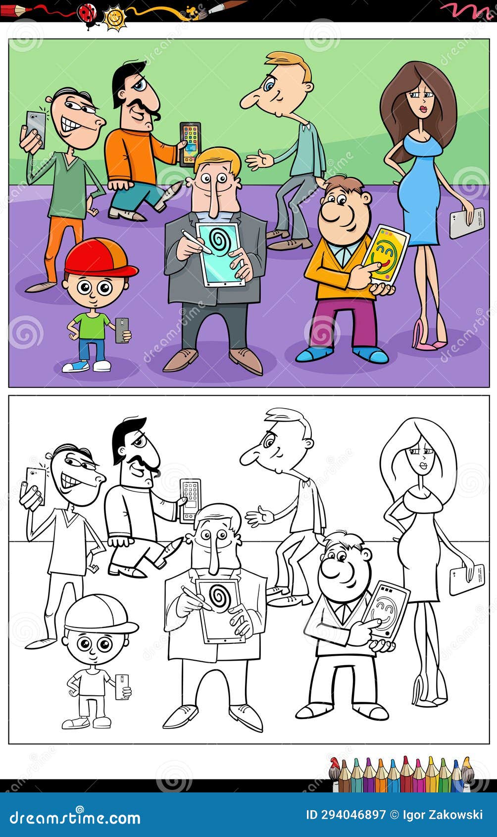 Cartoon People Group with Smart Devices Coloring Page Stock Vector ...