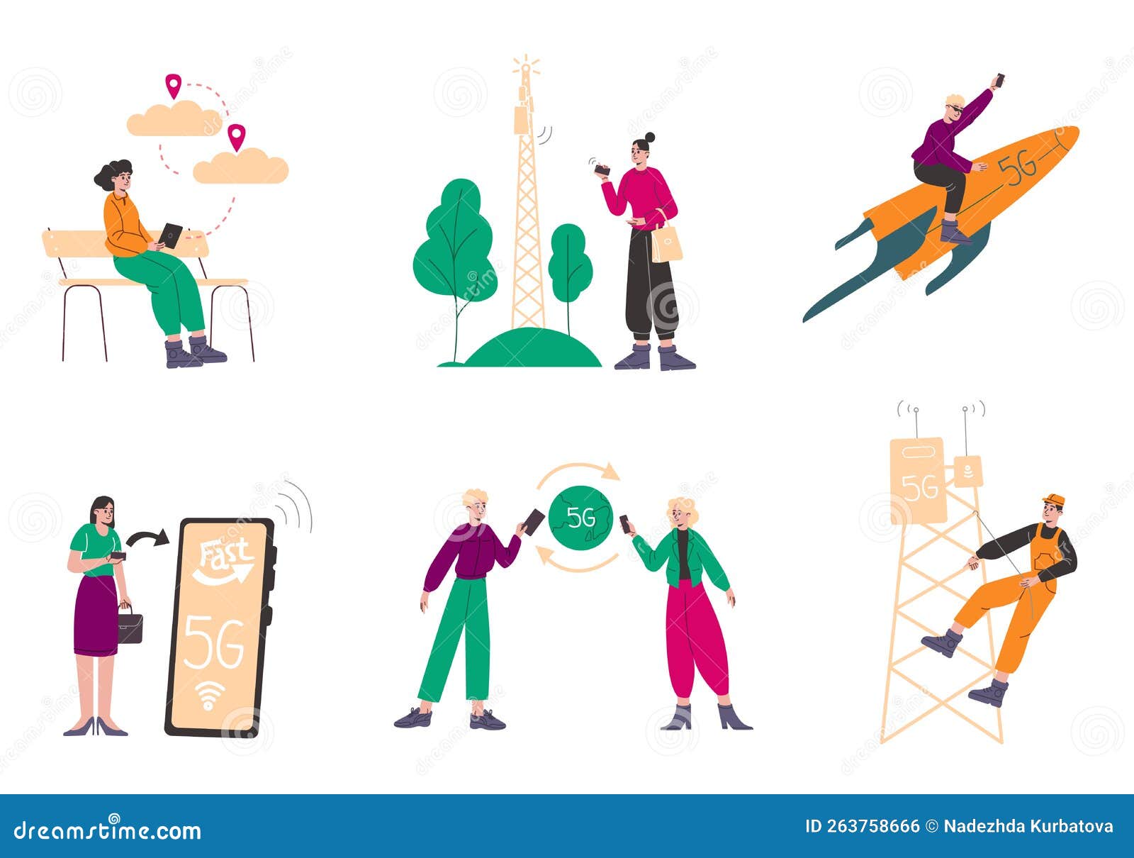 Cartoon People Using 5G. High Speed Communications. Mobile Network ...