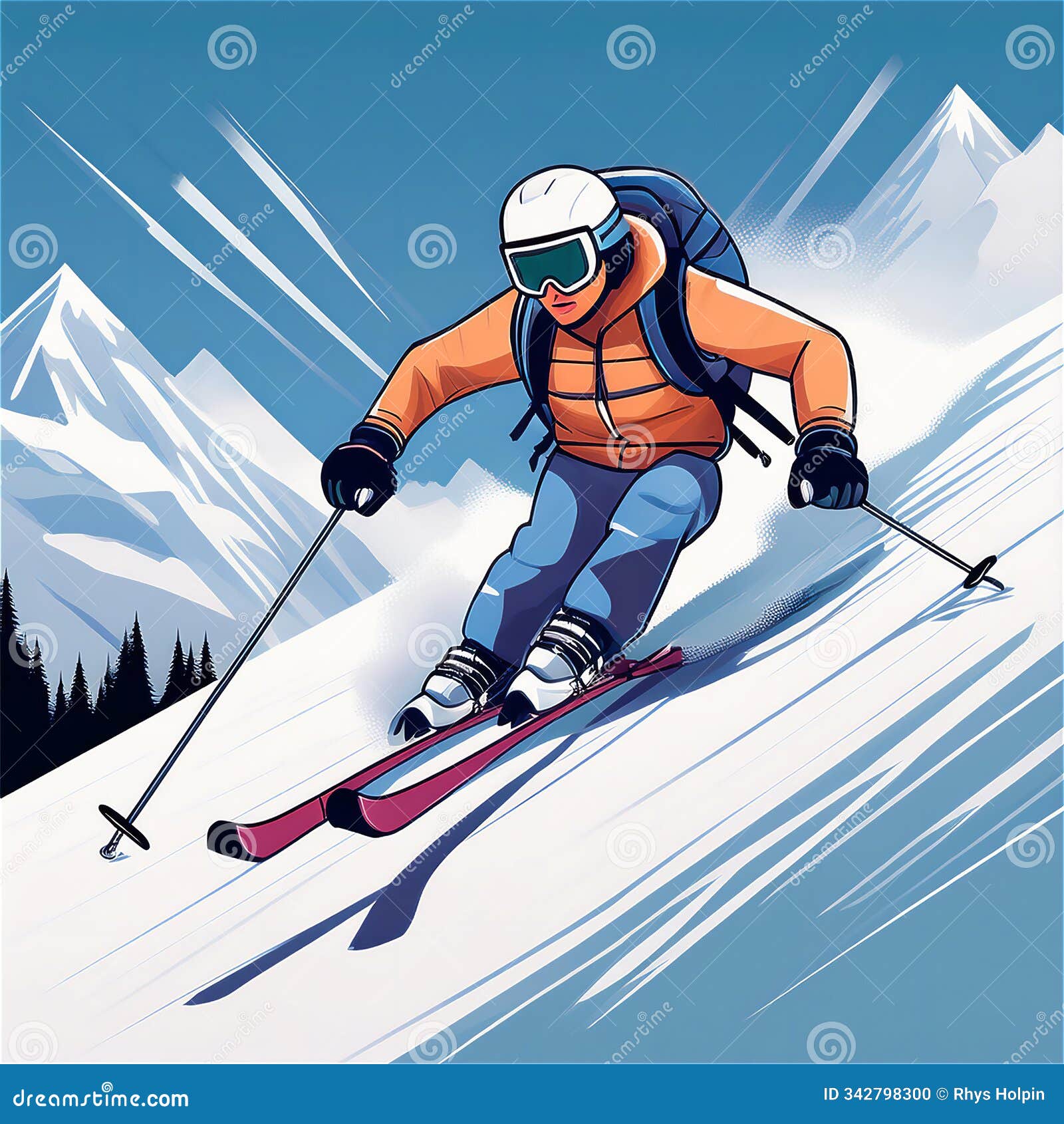 A Simple Cartoon of a Person Skiing Down a Mountain Stock Illustration ...