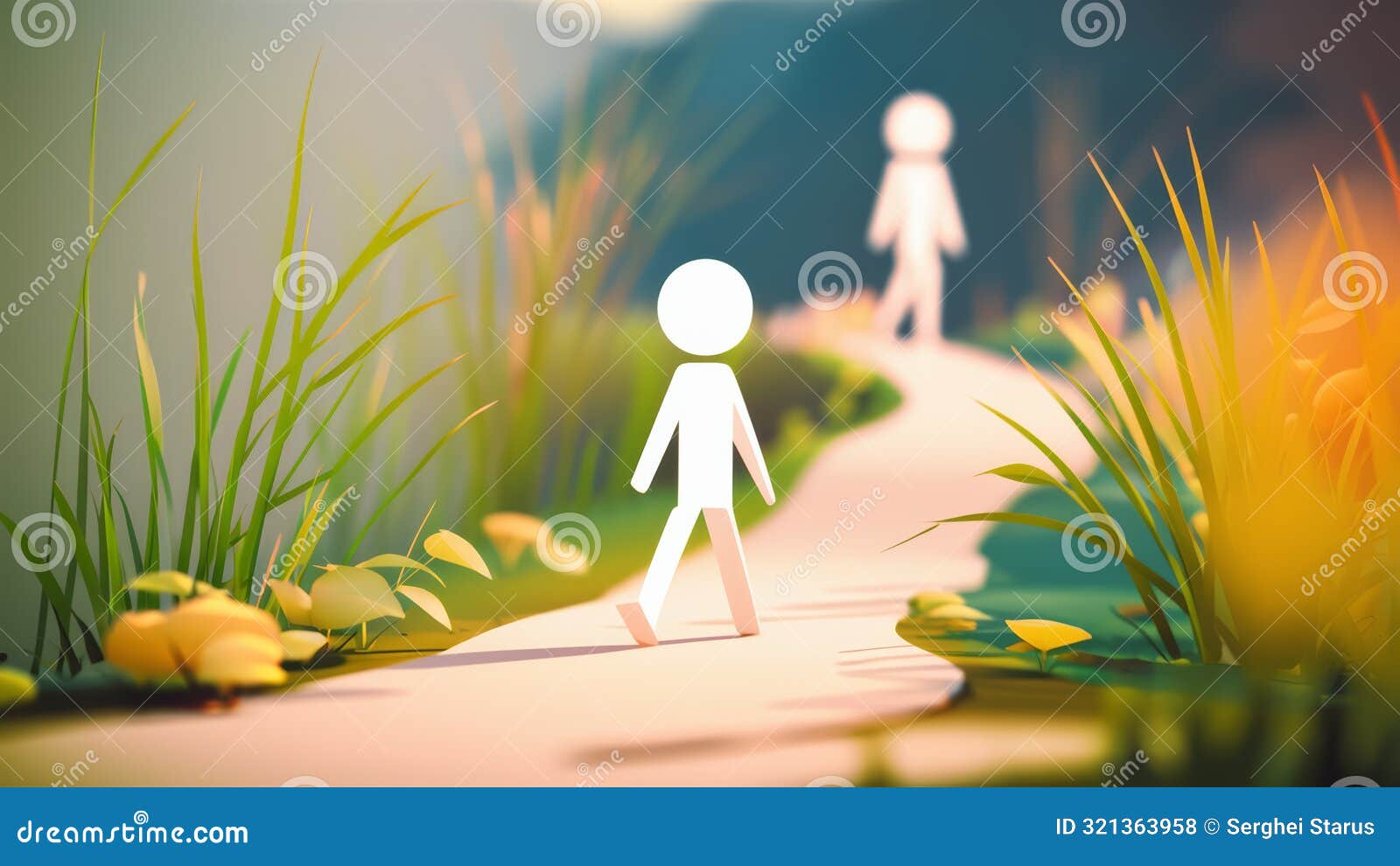 A Cartoon Person Walking Down a Path with Grass and Flowers, AI Stock ...