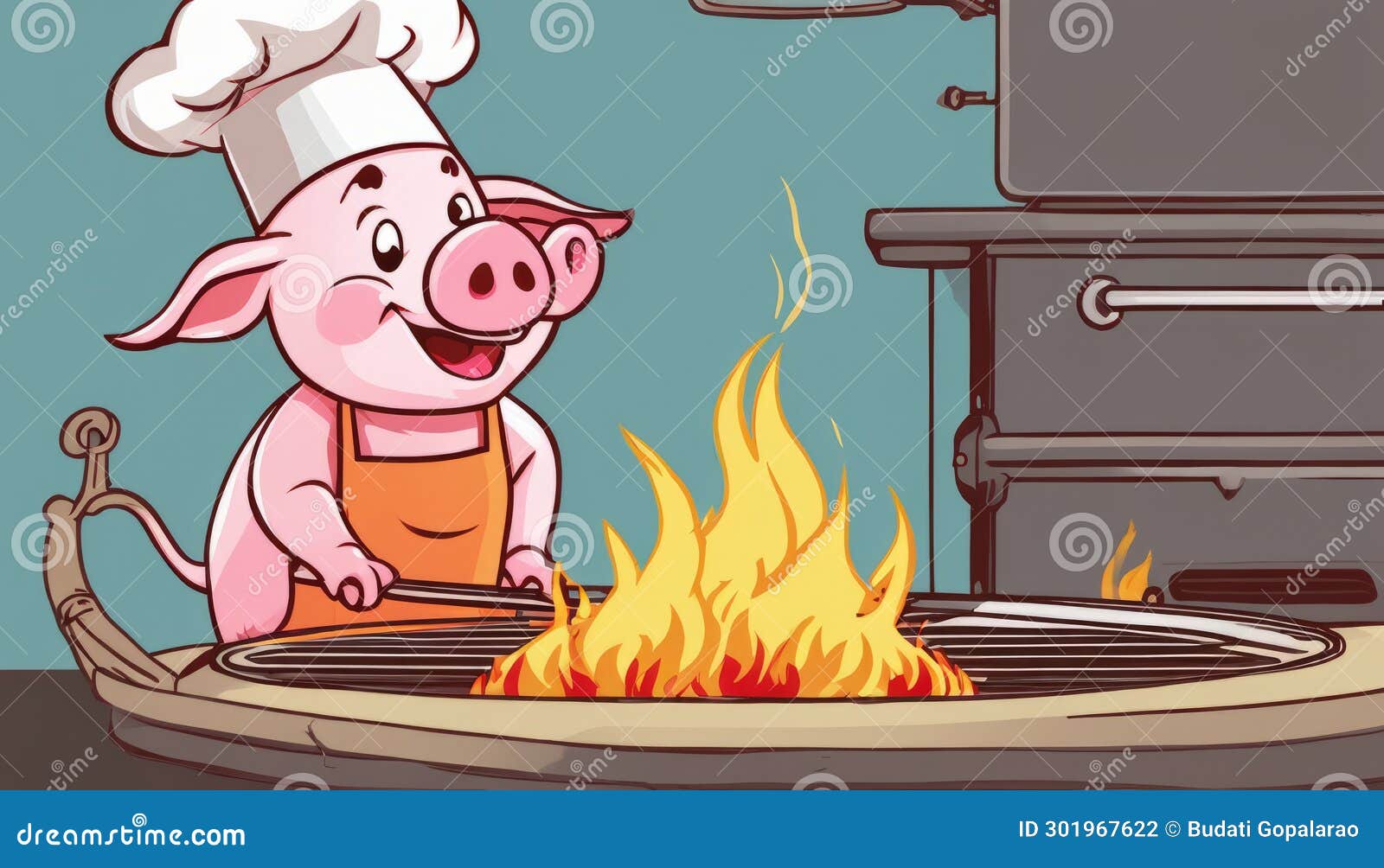 A Cartoon Pig Cooking on a Grill Stock Illustration - Illustration of ...