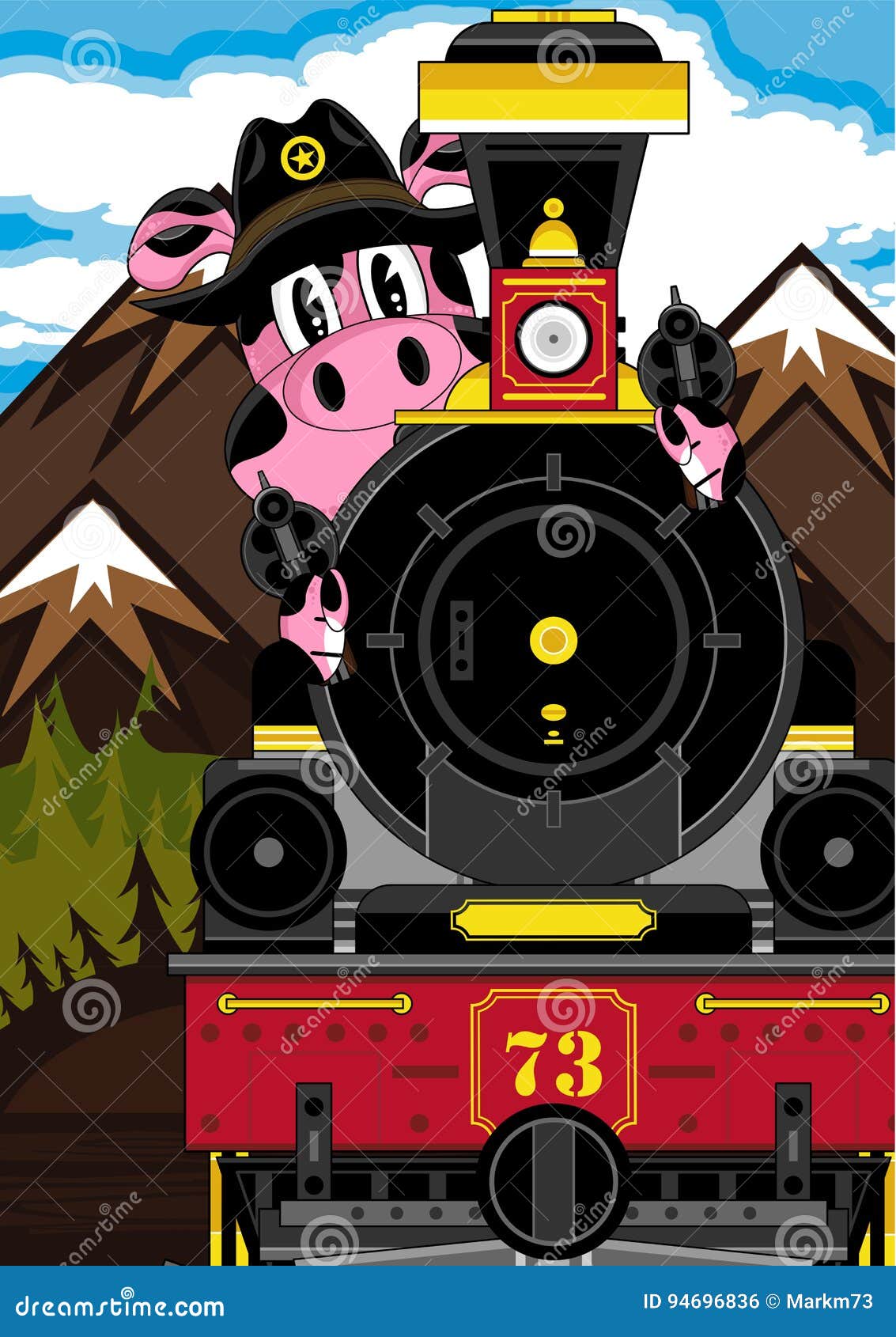 Cartoon Pig Cowboy and Train Stock Vector - Illustration of chimney ...